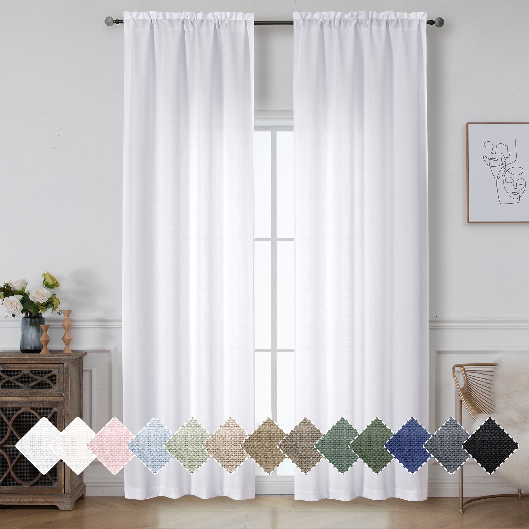 OVZME Bethany Extra Long White Curtains 96 Inches Long 2 Panels Set ...