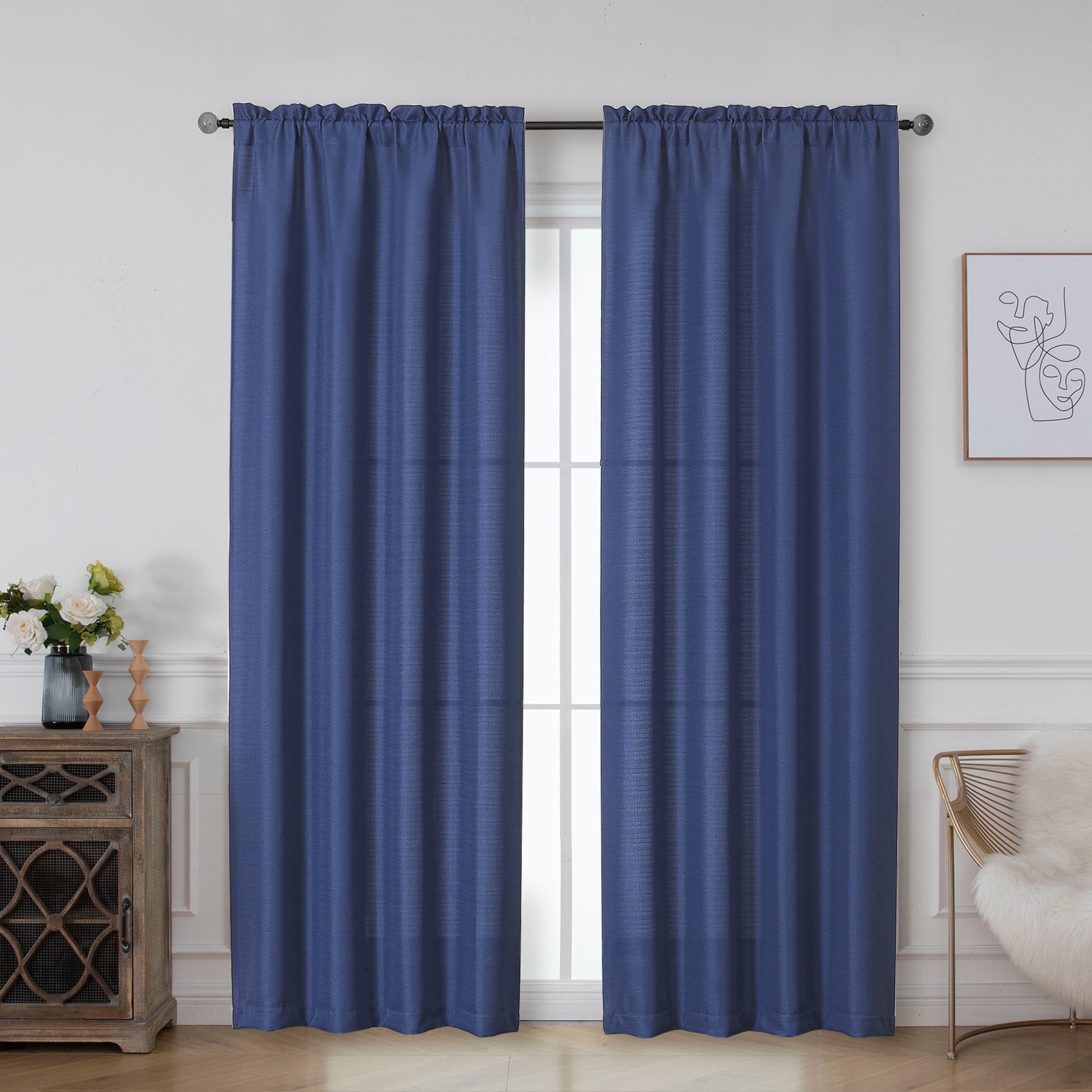 OVZME Bethany Faux Linen Blue Curtains 84 Inches Long 2 Panels Set, Solid Soft Airy Light ...