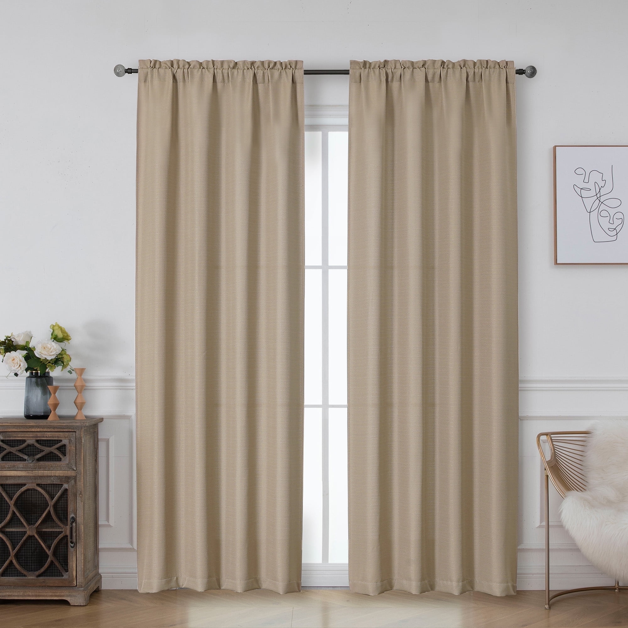 OVZME Bethany Faux Linen Camel Light Filtering Curtains 84 Inches Long ...