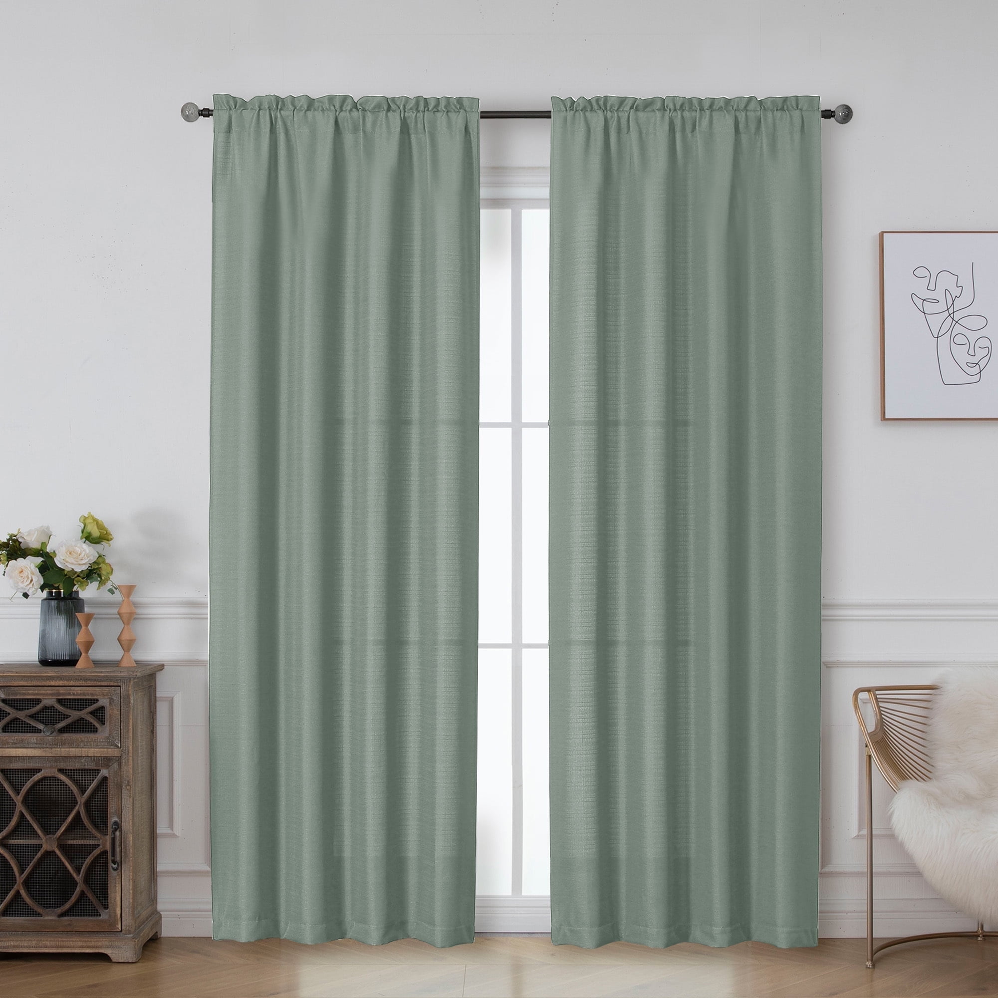 OVZME Bethany Faux Linen Green Curtains 84 Inches Long 2 Panels, Soft ...