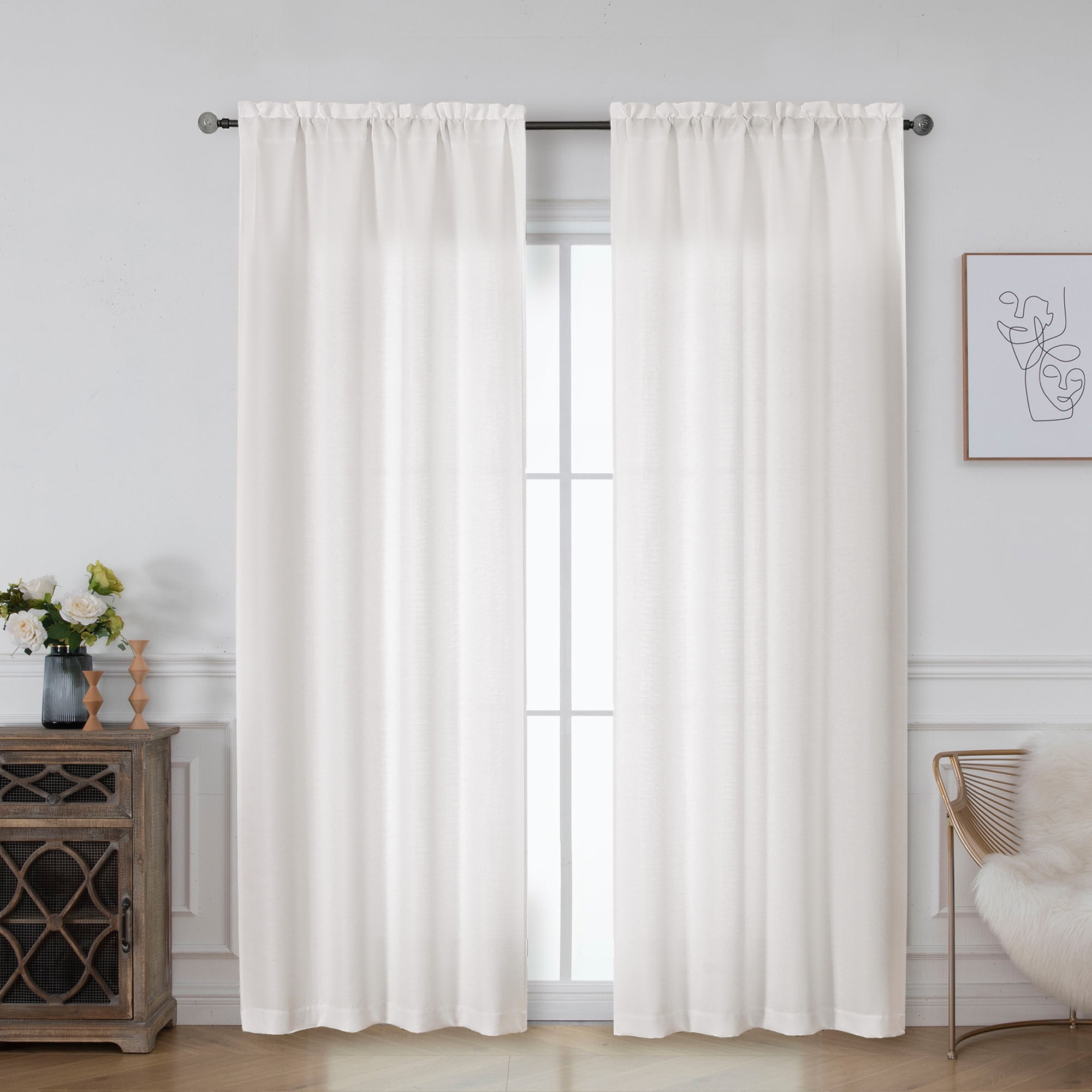 OVZME Bethany Faux Linen Ivory Curtains 84 Inches Long 2 Panels, Soft ...