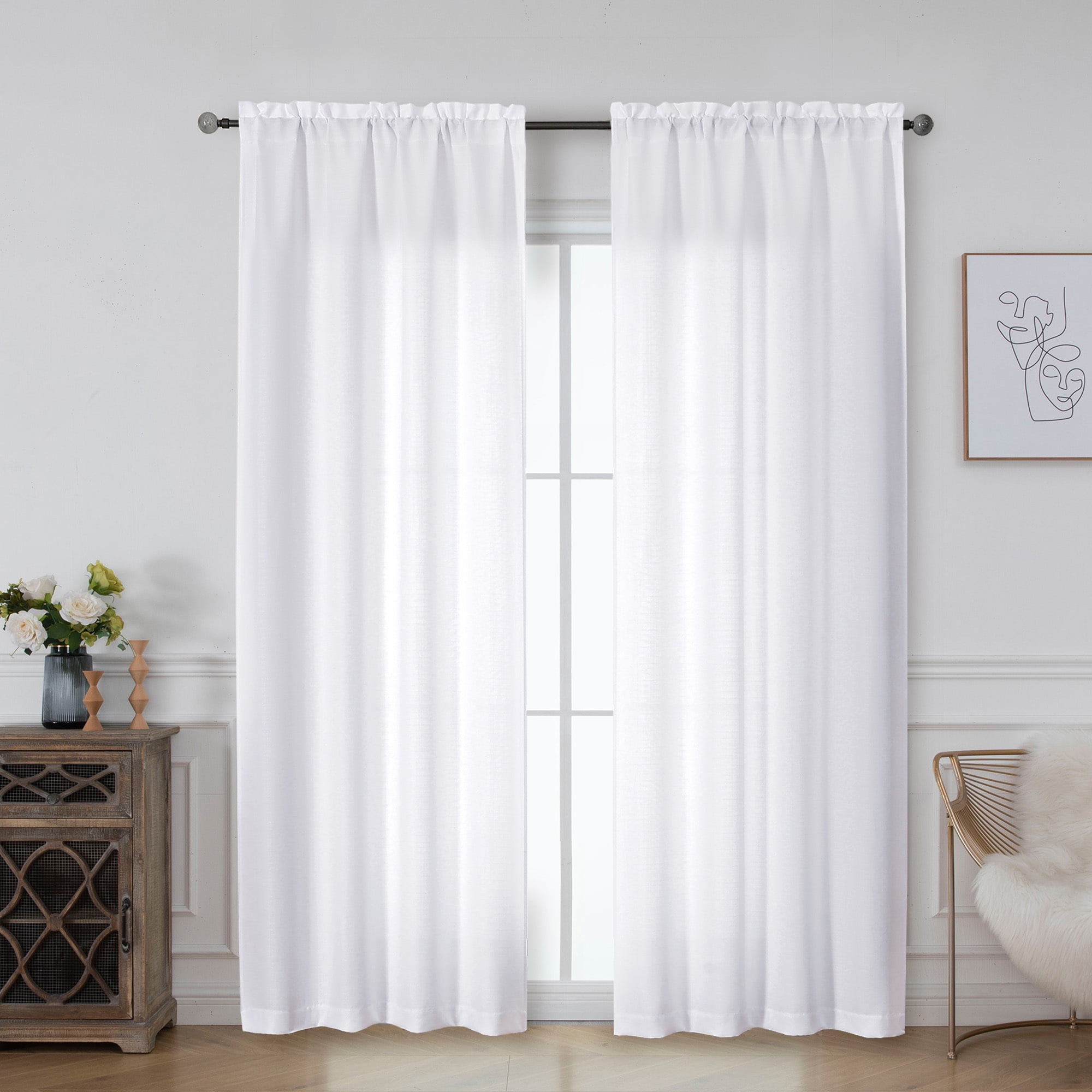 OVZME Bethany Faux Linen White Curtains 84 Inches Long 2 Panels Set ...