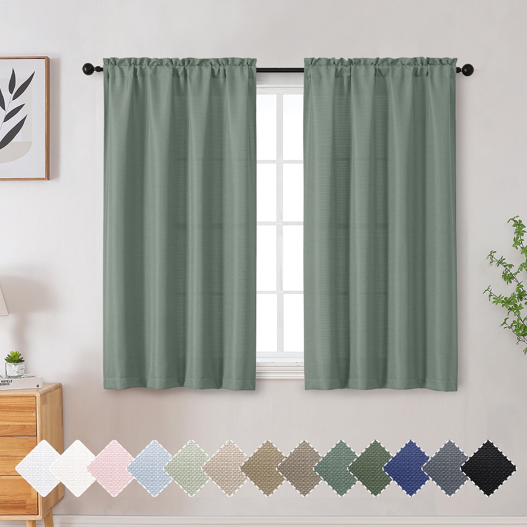 OVZME Bethany Green Light Filtering Curtains 45 Inch Length for Bedroom ...