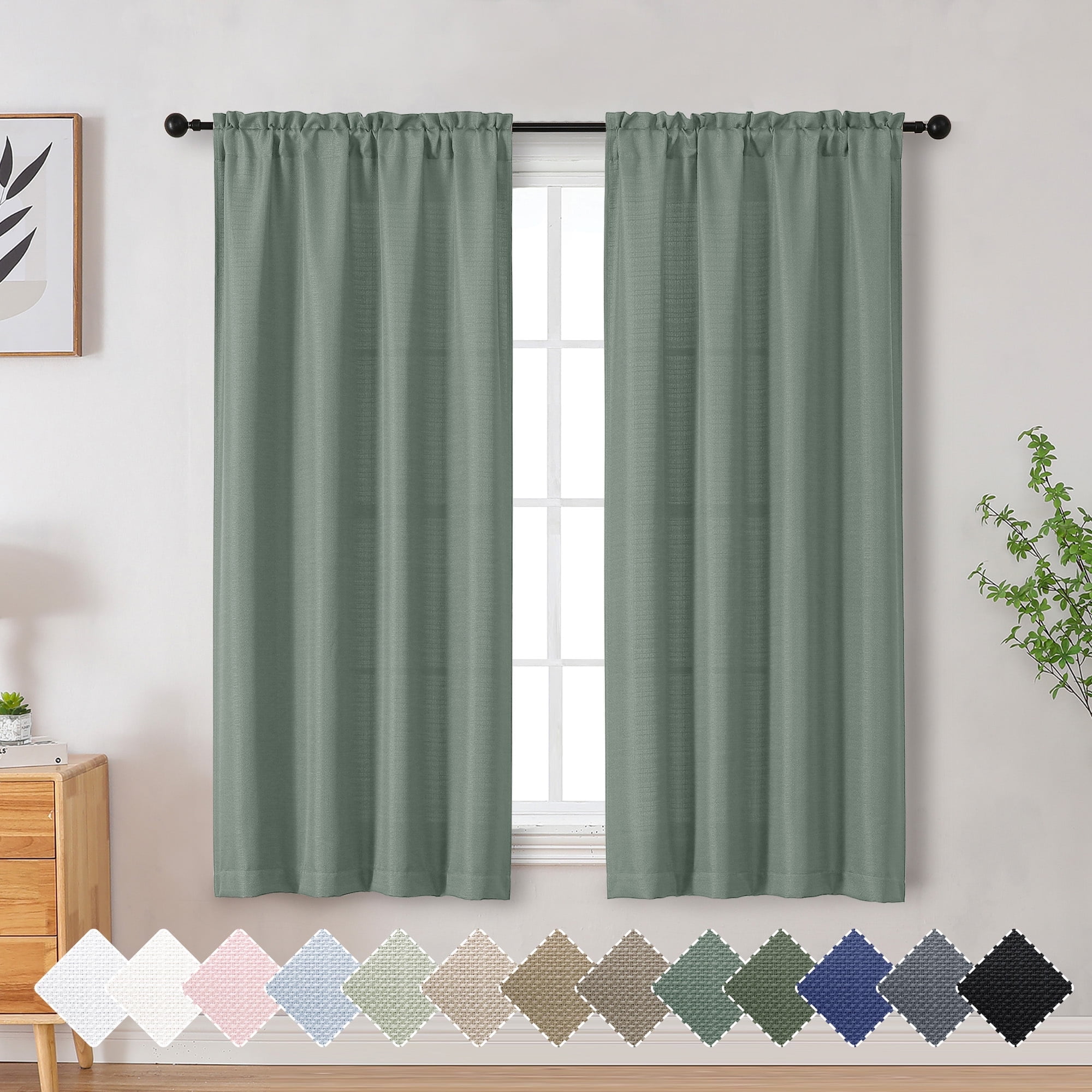 OVZME Bethany Sage Green Faux Linen Textured Light Filtering Curtains ...