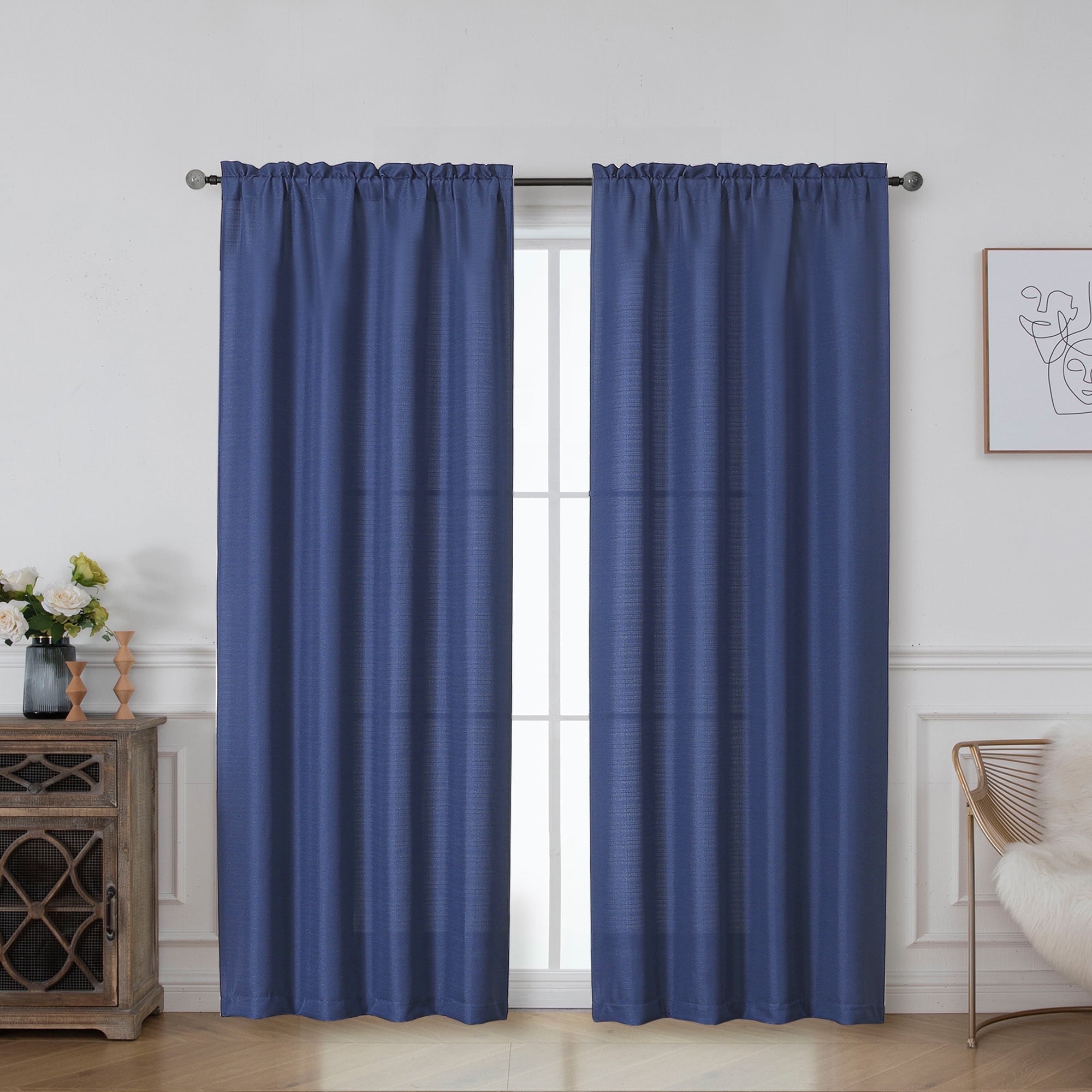 OVZME Light Filtering Linen Curtains 40x72 Inches Blue Textured Semi ...