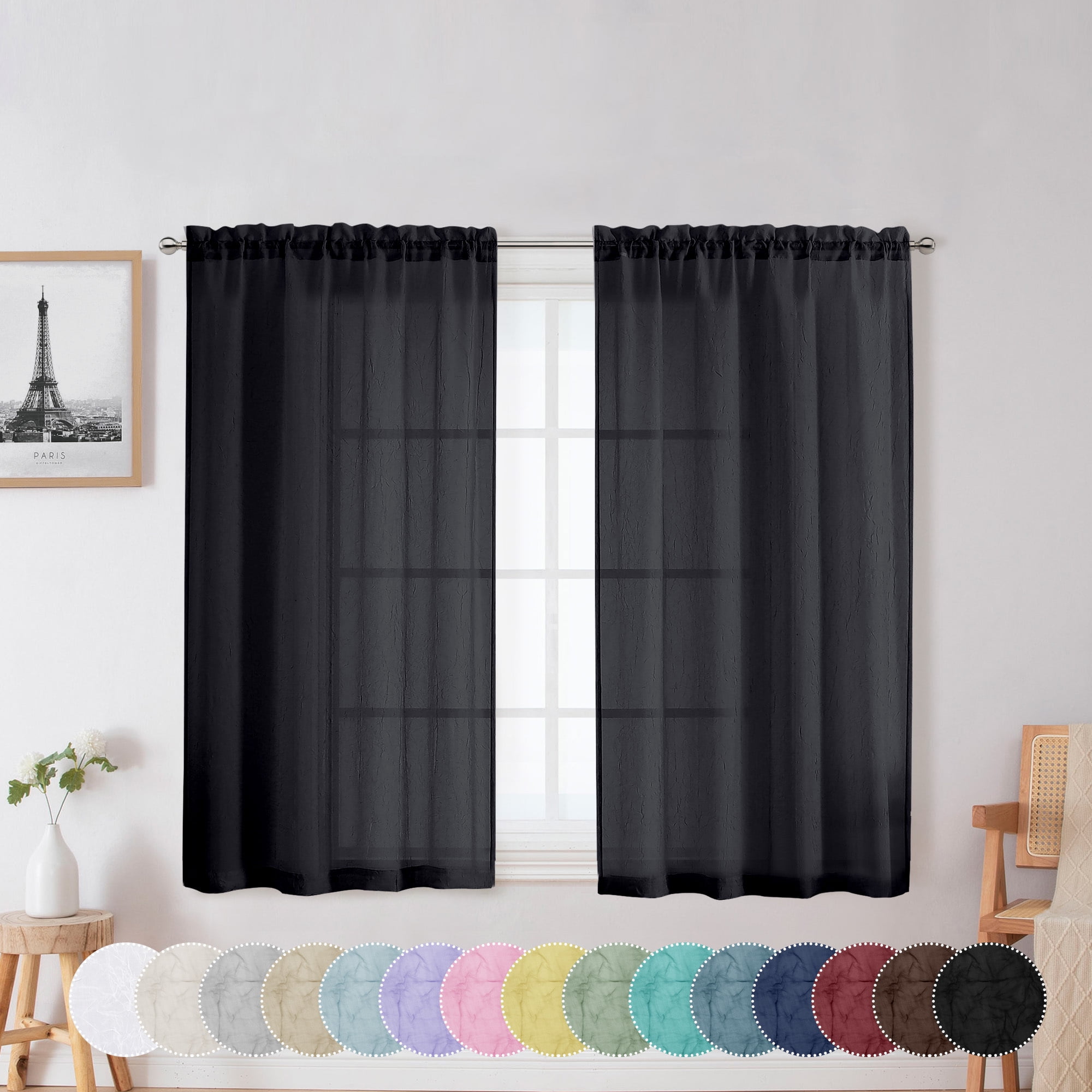 OVZME Troy Black Kitchen Curtains 45 inch Length 2 Panels Set, Crushed ...