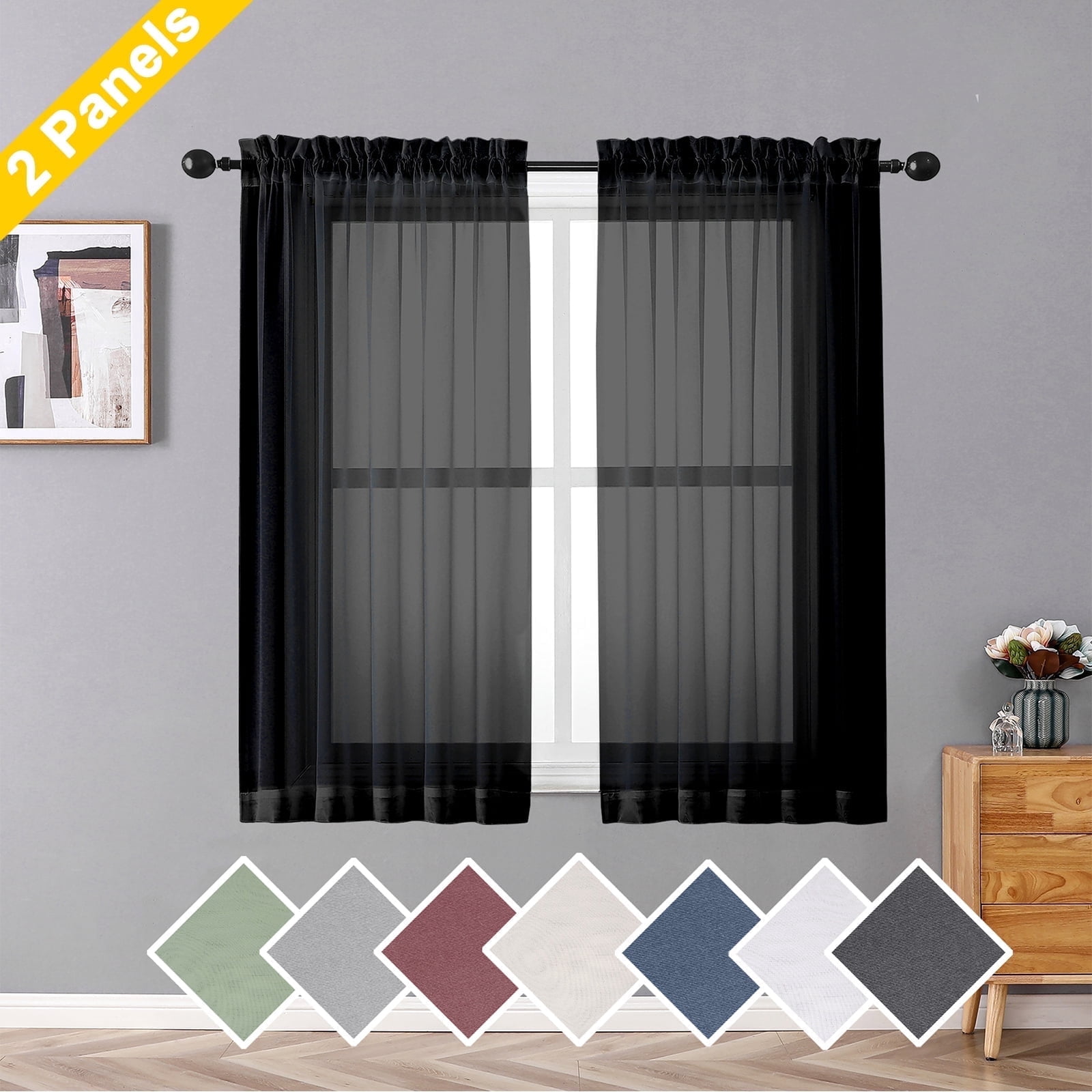OVZME Black Sheer Window Curtains 54 inches Length, Set of 2, Half ...