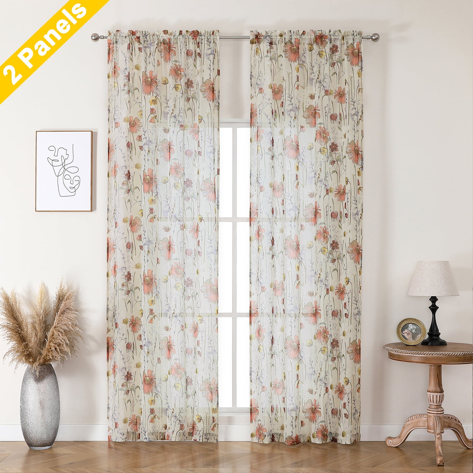OVZME Blaise Crushed Floral Sheer Curtains 96 inches Long 2 Panels ...