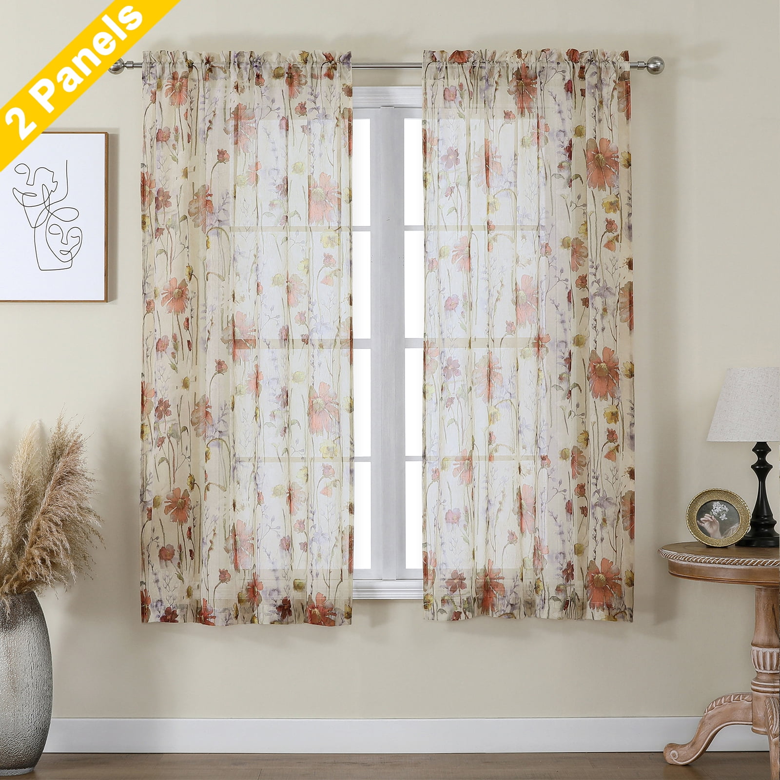OVZME Blaise Crushed Sheer Floral Curtains 63 Inch Length 2 Panels Set ...