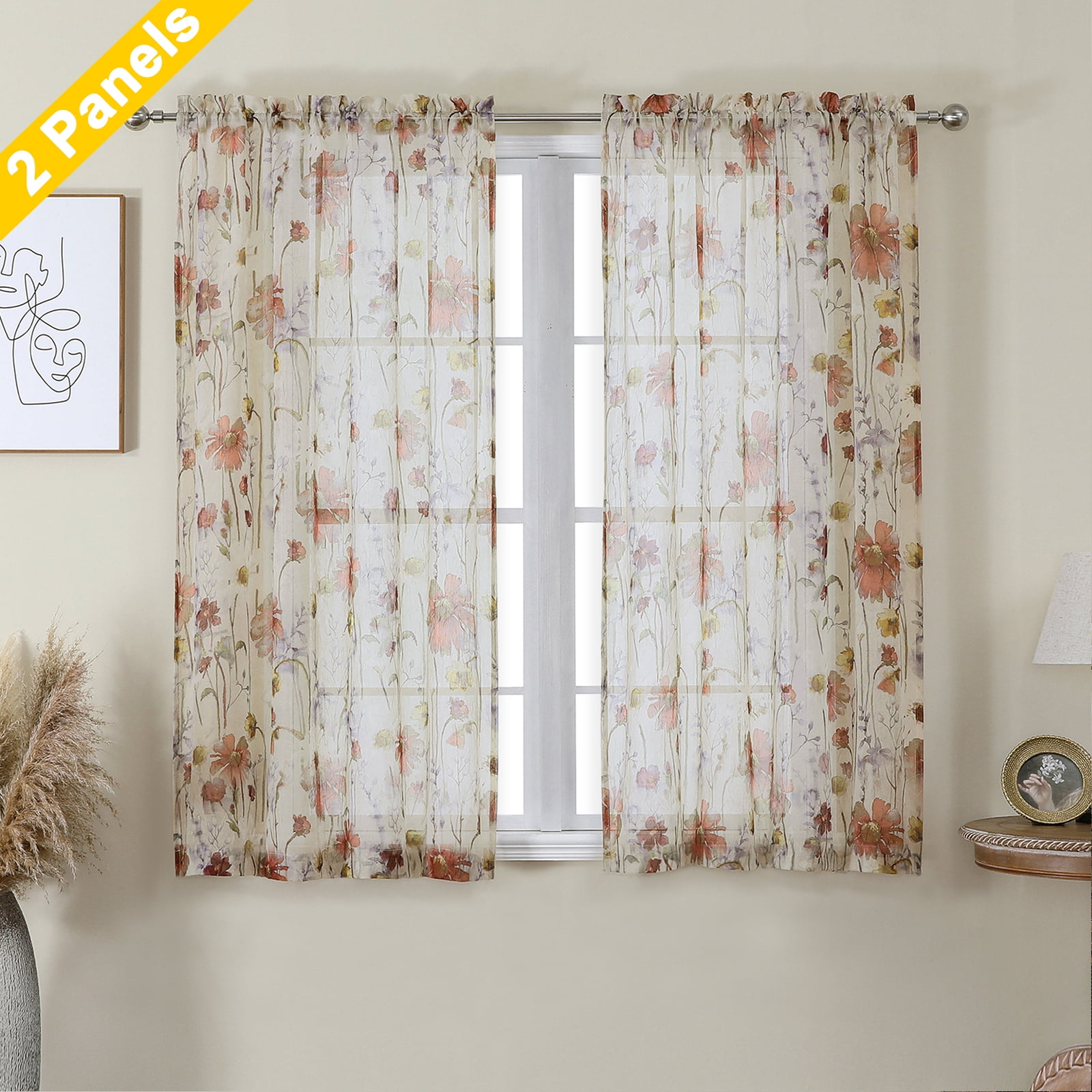 OVZME Blaise Printed Sheer Curtains 54 Inch Length 2 Panels Set, Airy ...