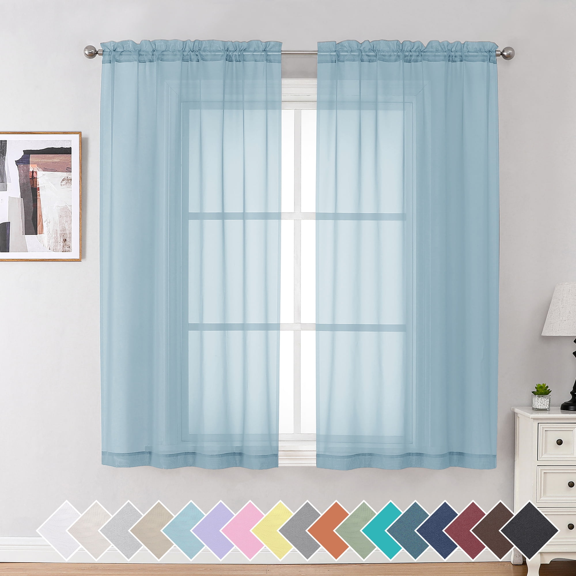 OVZME Blue Sheer Window Curtains 54 inch Long 2 Panels, Short Voile ...