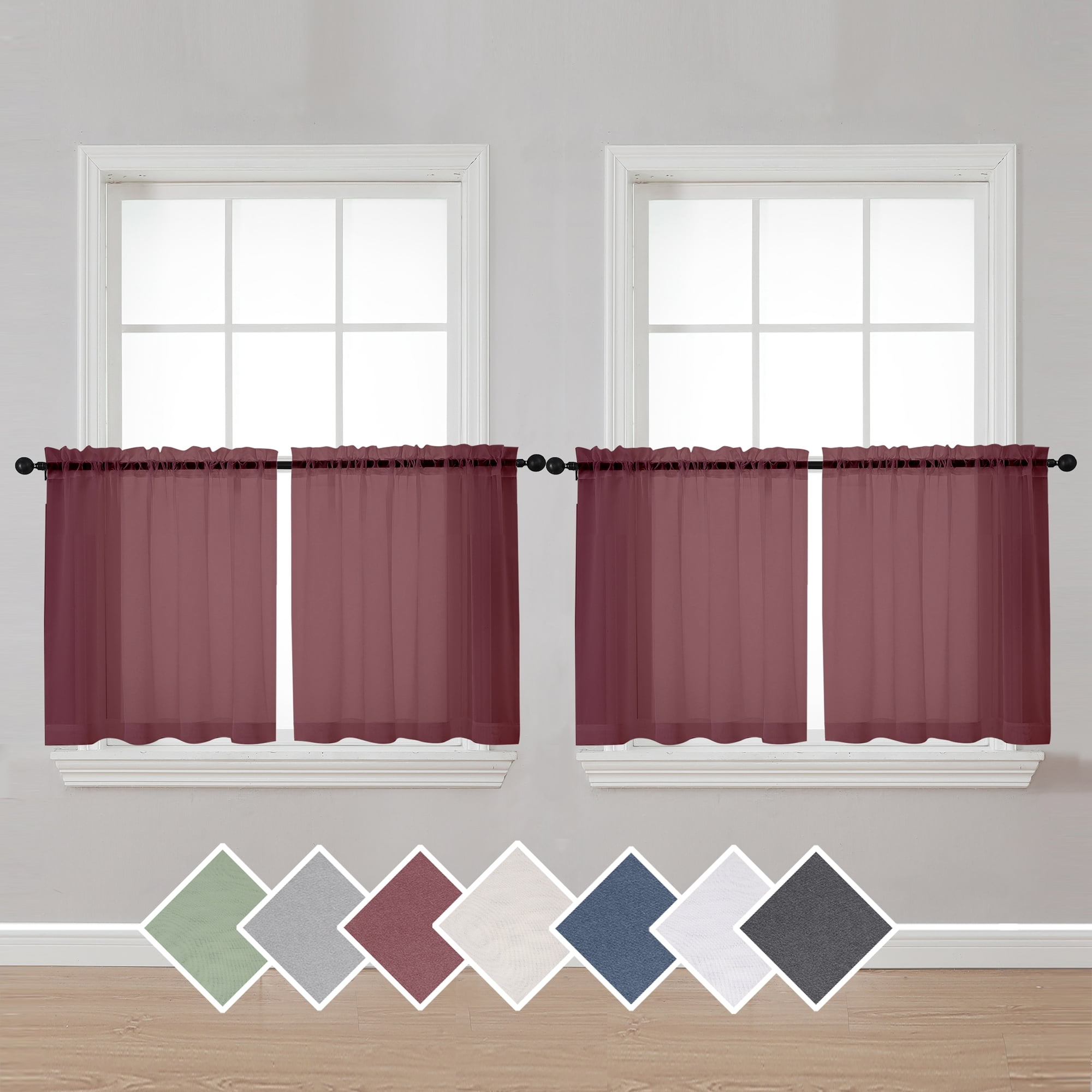 OVZME Burgundy Sheer Kitchen Curtain Tiers 4pcs, Small Window Curtains ...