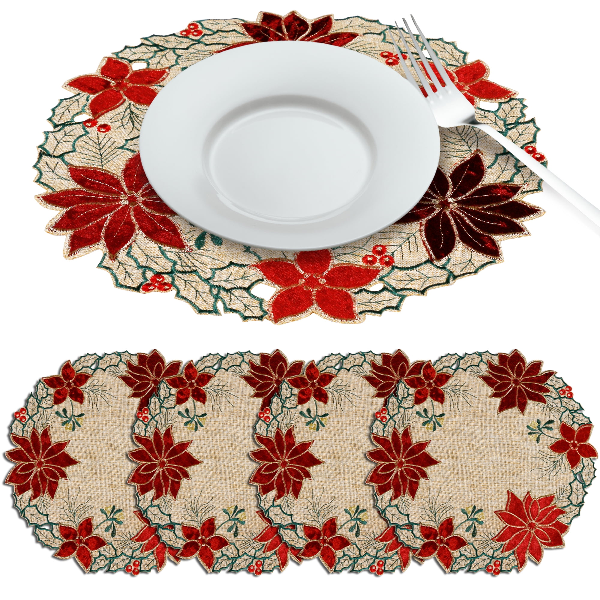 OVZME Christmas Poinsettia Placemats, Set of 4 Red Velvet Embroidered ... OVZME Christmas Poinsettia Placemats, Set of 4 Red Velvet Embroidered ...