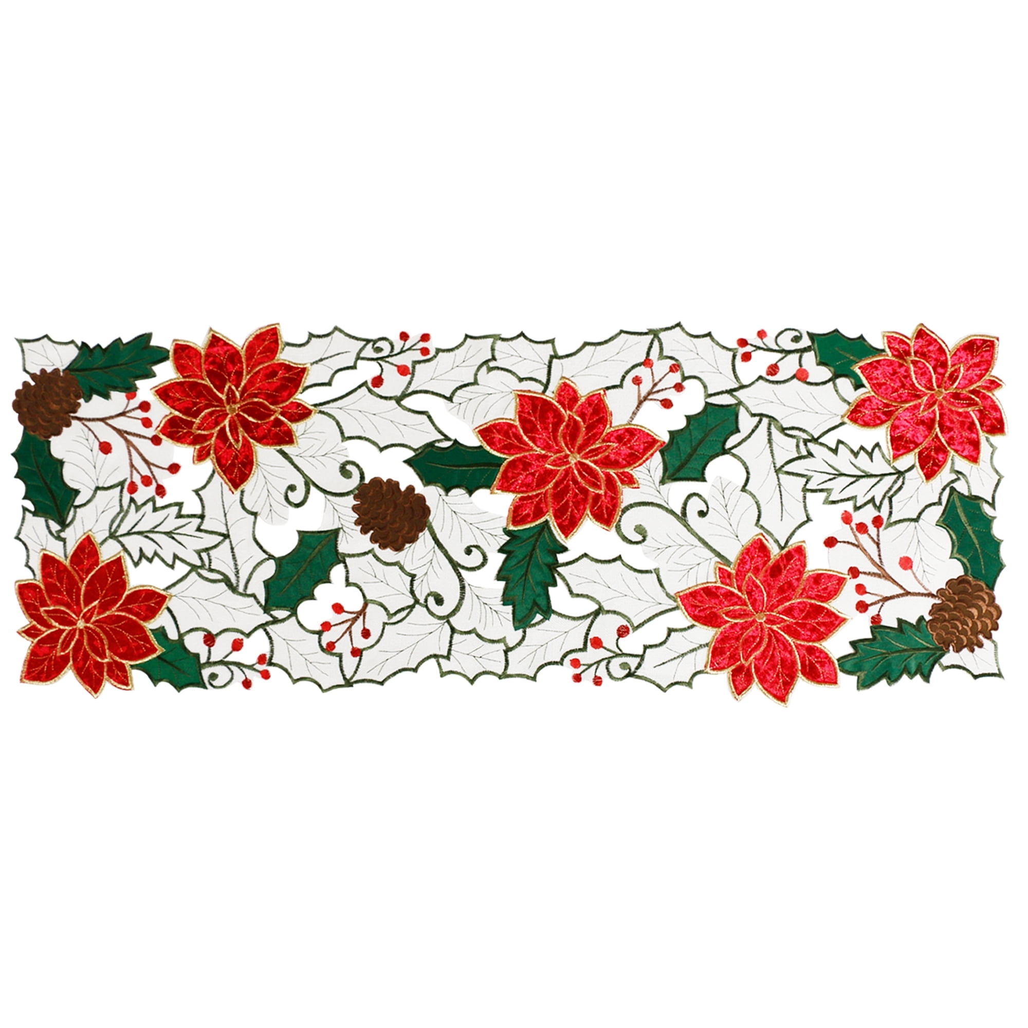 OVZME Christmas Table Runner Decorations Red Poinsettia Embroidered 36 ...