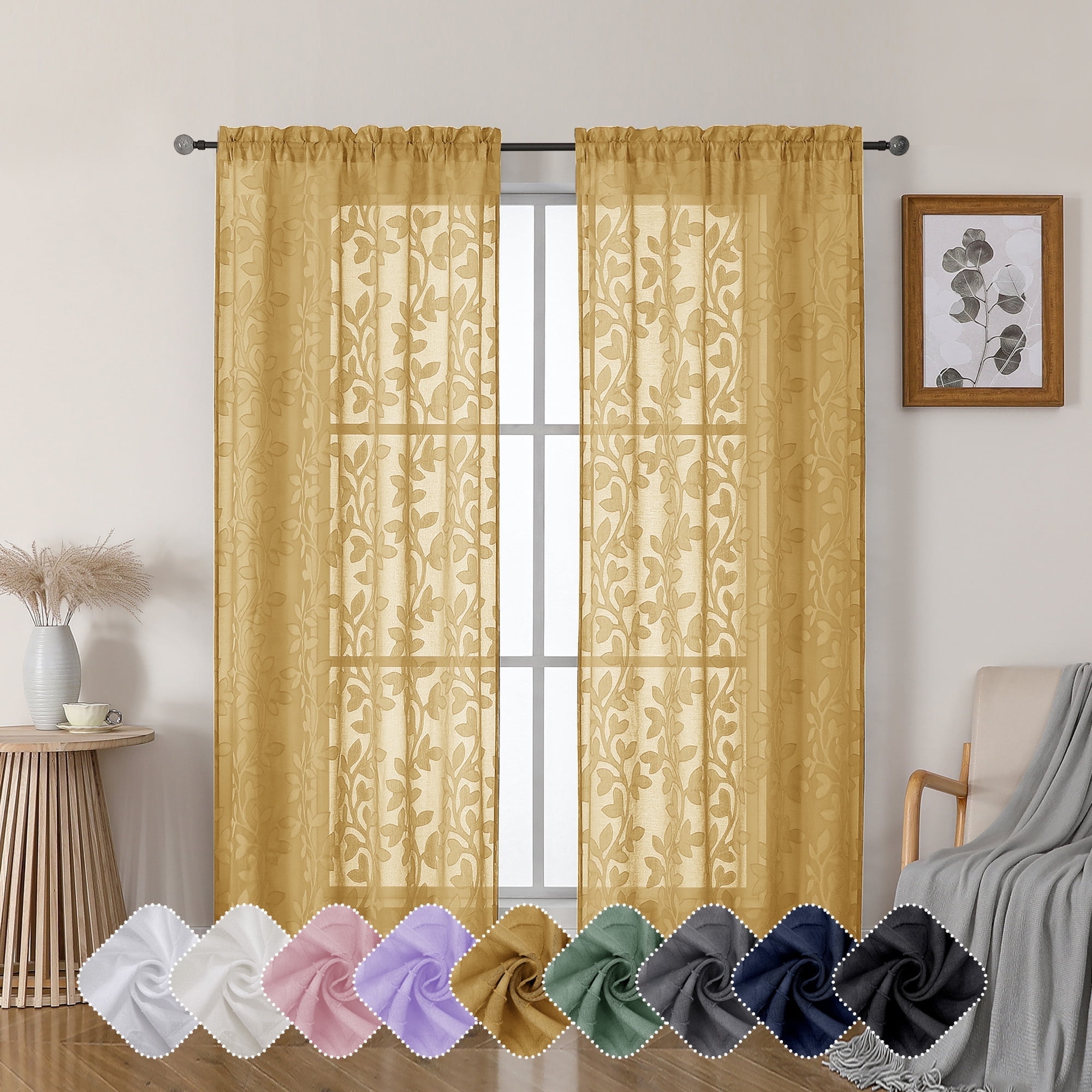 OVZME Darla Gold 72 Inches Long Sheer Curtain Panels Set of 2, Light ...