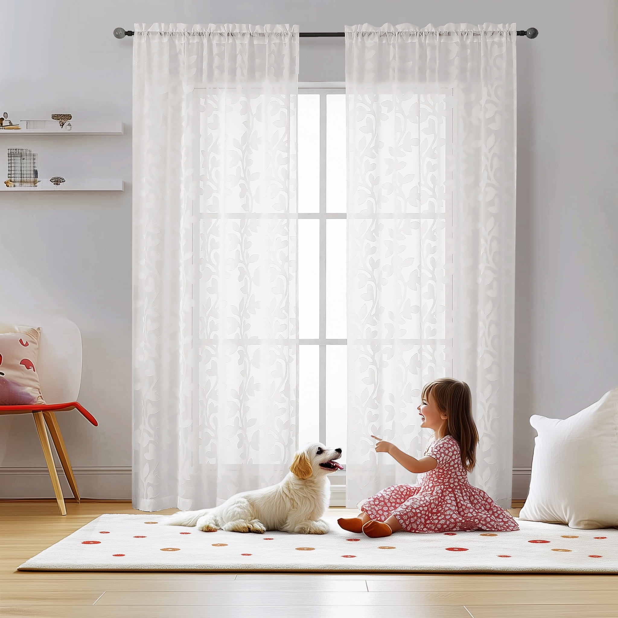 OVZME Darla Light Filtering Natural Sheer Curtains 72 Inches Long 2 Panels, Elegant Jacquard ...