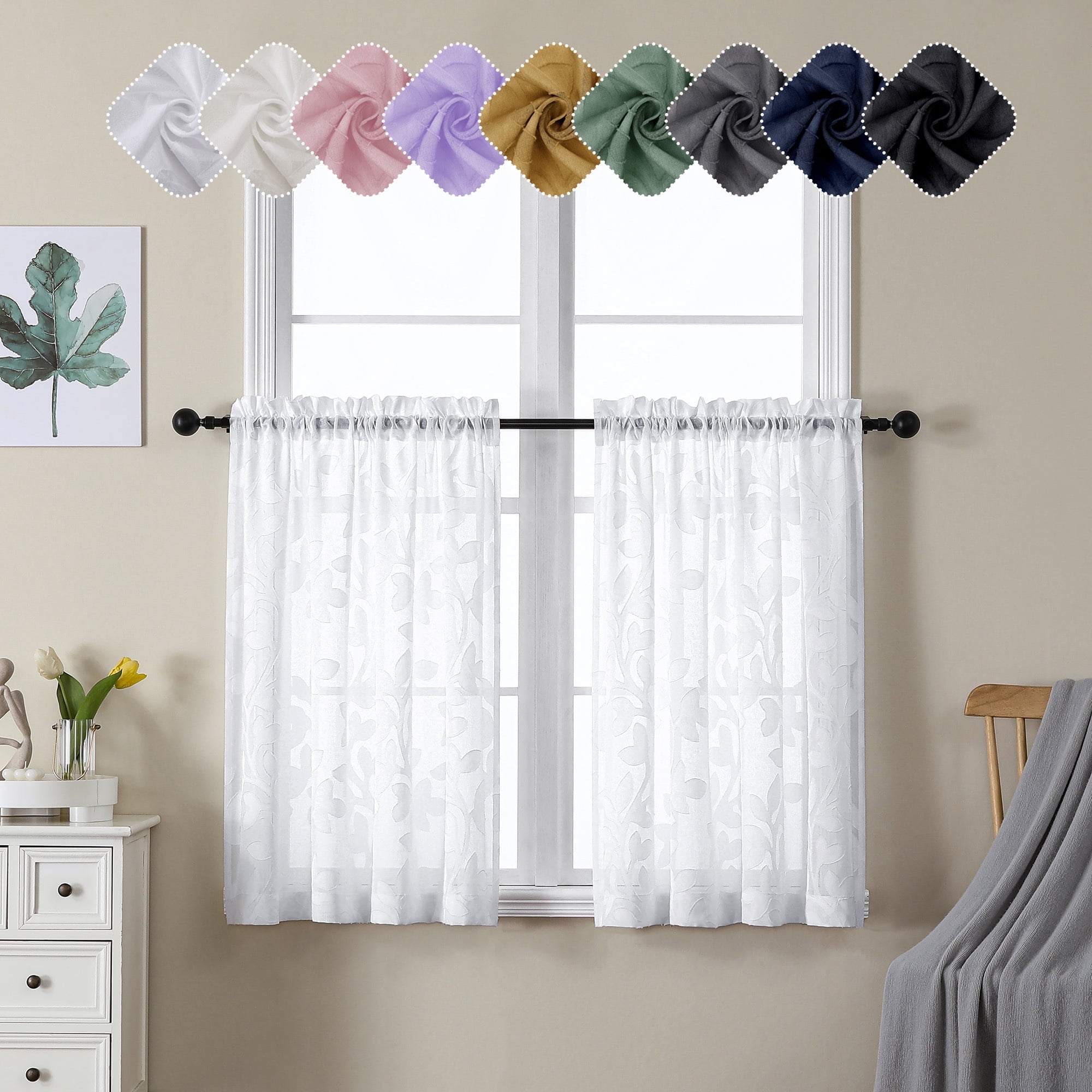 OVZME Darla Light Filtering Short Sheer White Curtains 36 Inch Length 2 ...