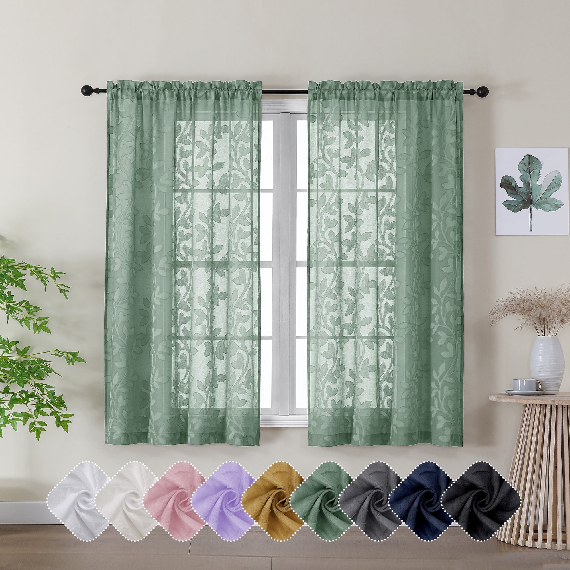 OVZME Darla Sage Green Light Filtering Sheer Curtains 63 Inch Length 2 ...