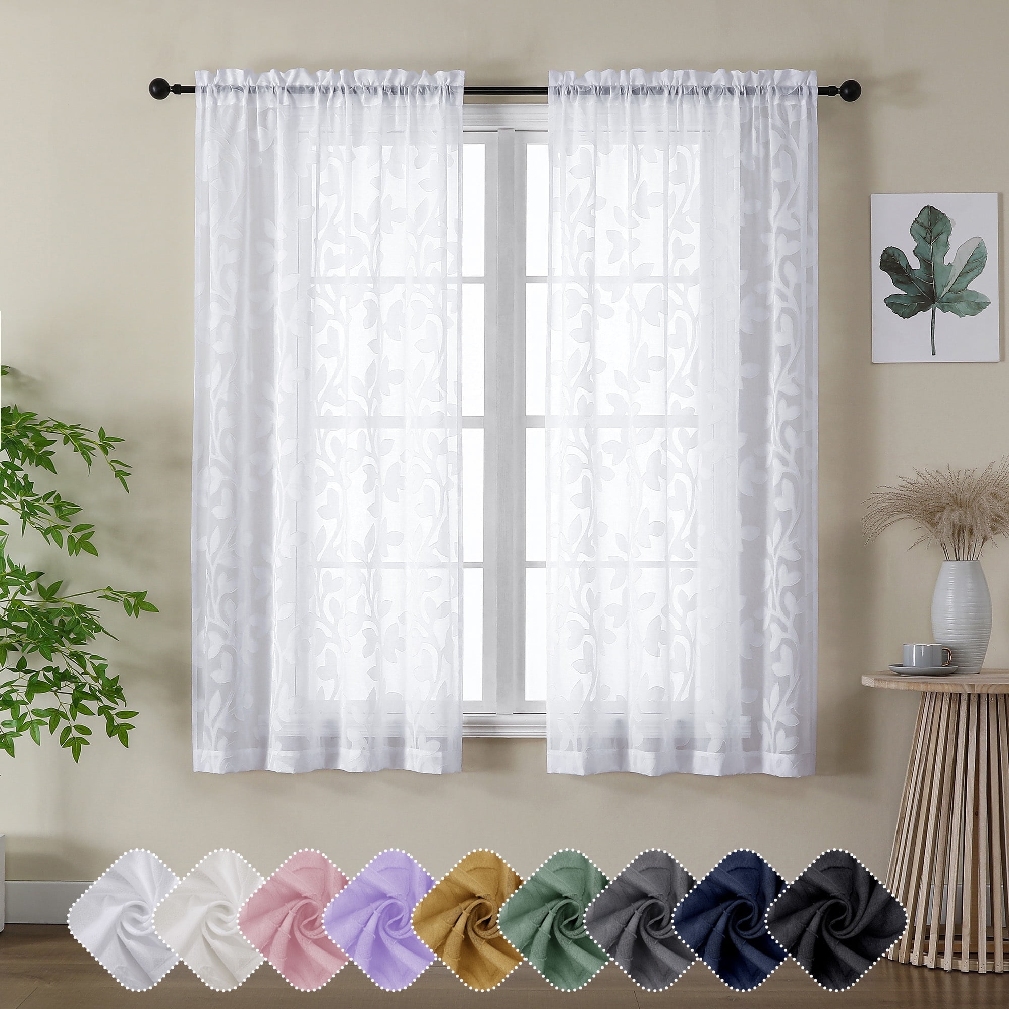 OVZME White Sheer Curtains 63 Inch Length 2 Panels Light Filtering ...