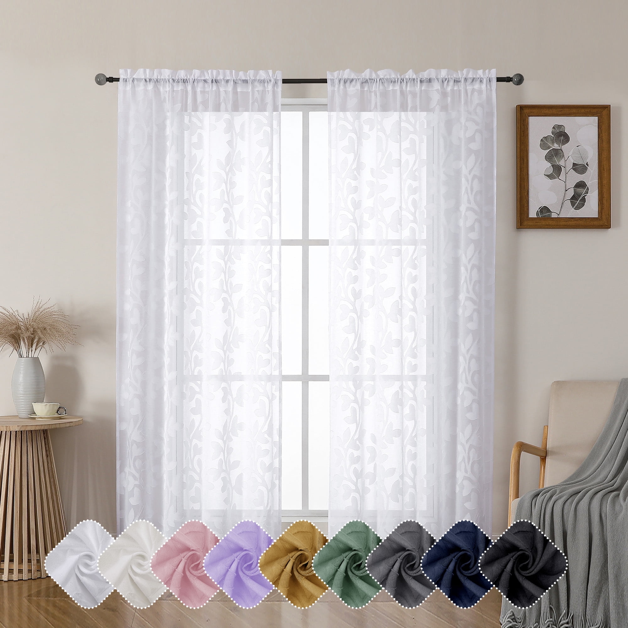 OVZME Darla White Sheer Curtains 72 Inches Long 2 Panels, Light Filtering Elegant Jacquard Leaf ...
