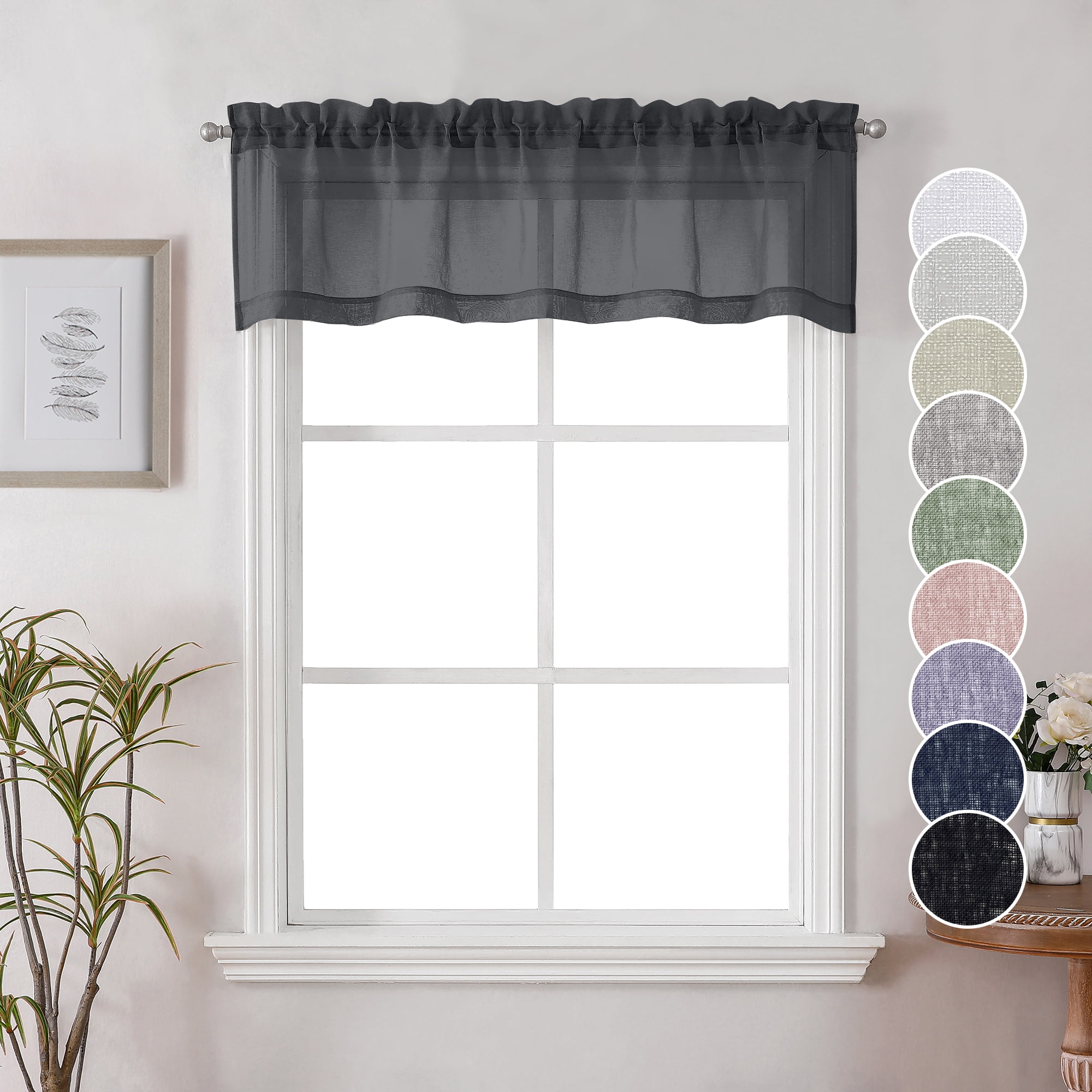 OVZME Dolly Black Solid Window Valance Sheer Curtain for Kitchen 14 ...