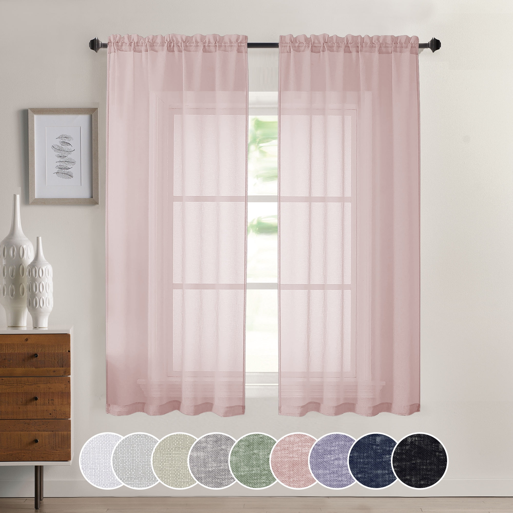 OVZME Dolly Faux Linen Pink Sheer Curtains 63 Inches Length 2 Panels ... OVZME Dolly Faux Linen Pink Sheer Curtains 63 Inches Length 2 Panels ...