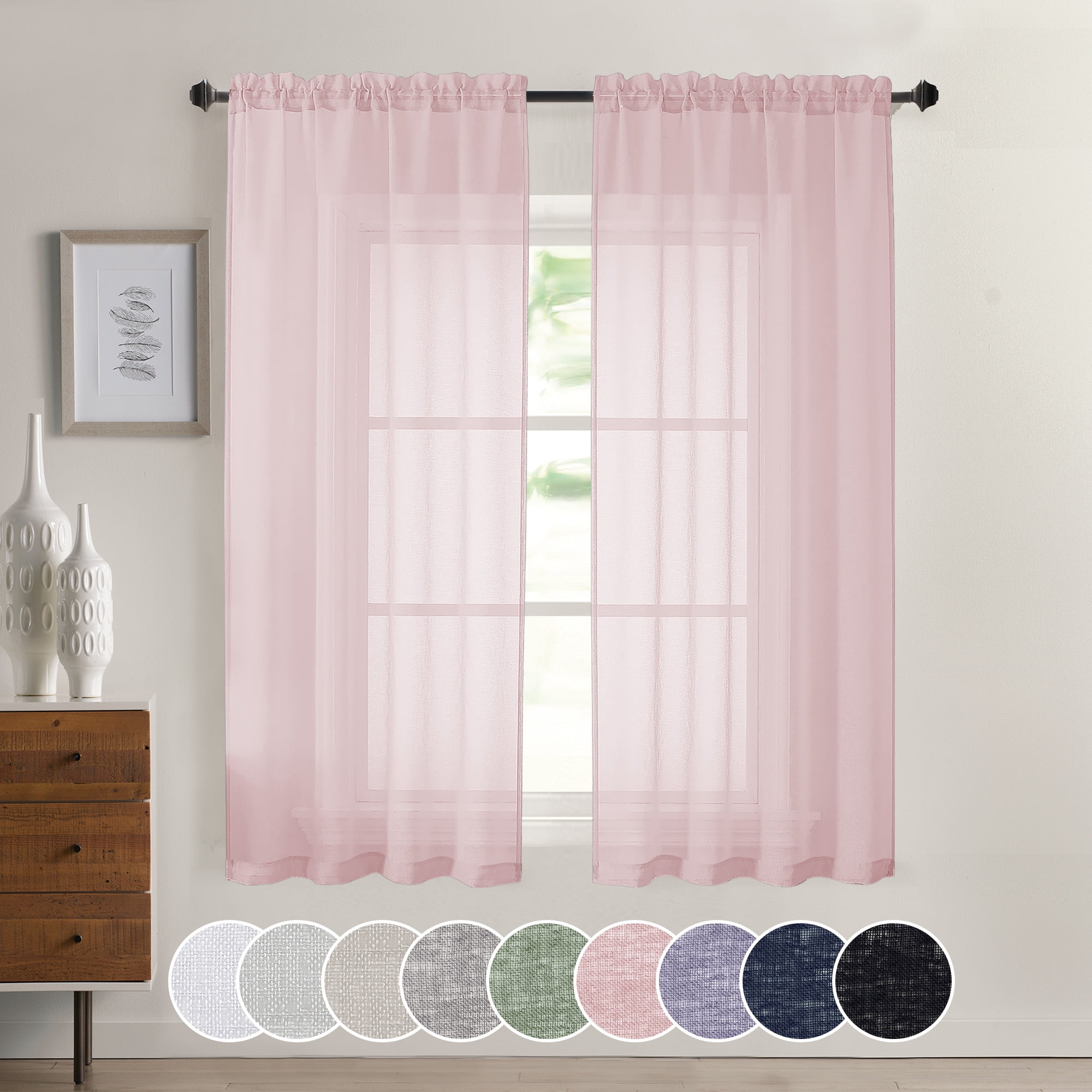 OVZME Dolly Faux Linen Pink Sheer Curtains 63 Inches Length 2 Panels ...