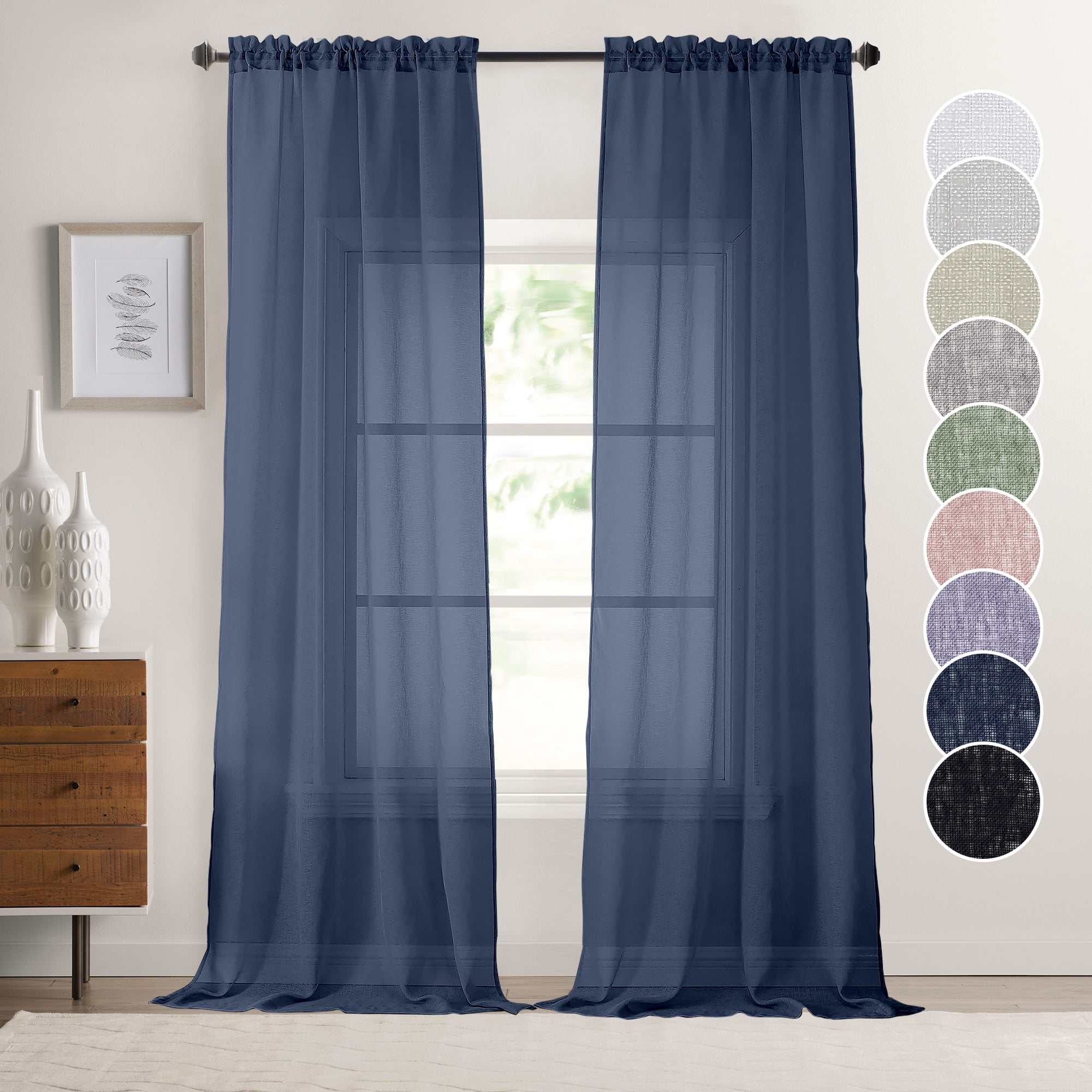 OVZME Dolly Faux Linen Sheer Curtains 96 inches Long Set of 2,Dual Rod ...