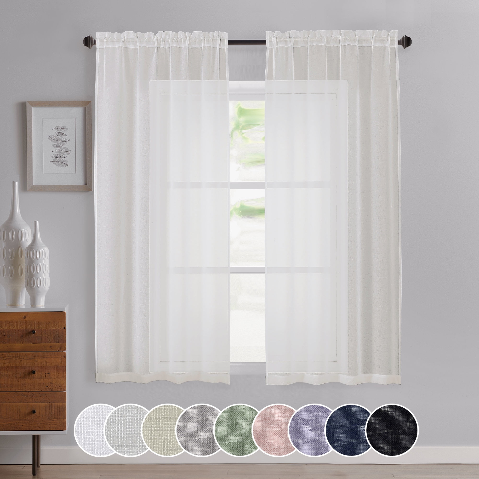 OVZME Dolly Ivory Faux Linen Textured Sheer Curtains 63 Inch Length 2 ...