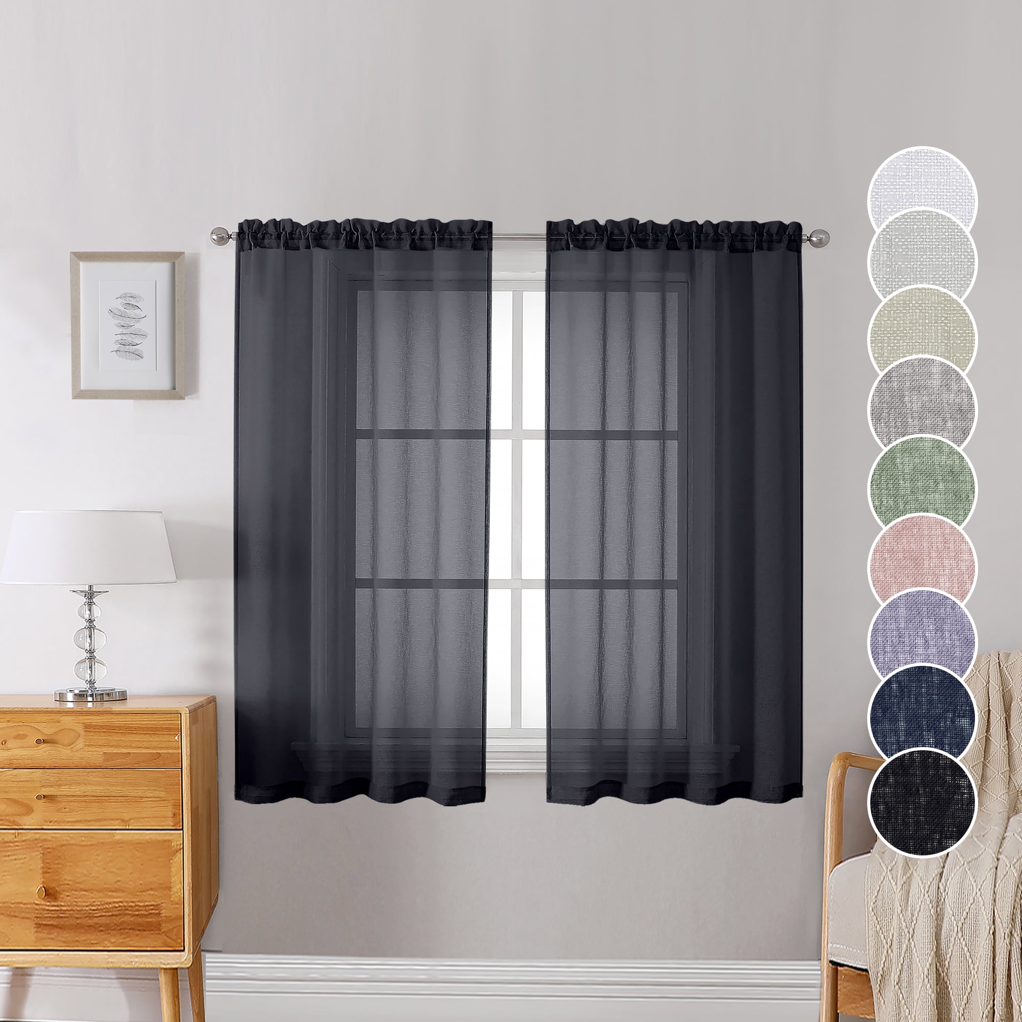 OVZME Dolly Kitchen Sheer Black Curtains 45 Inch Length 2 Panels, Dual ...