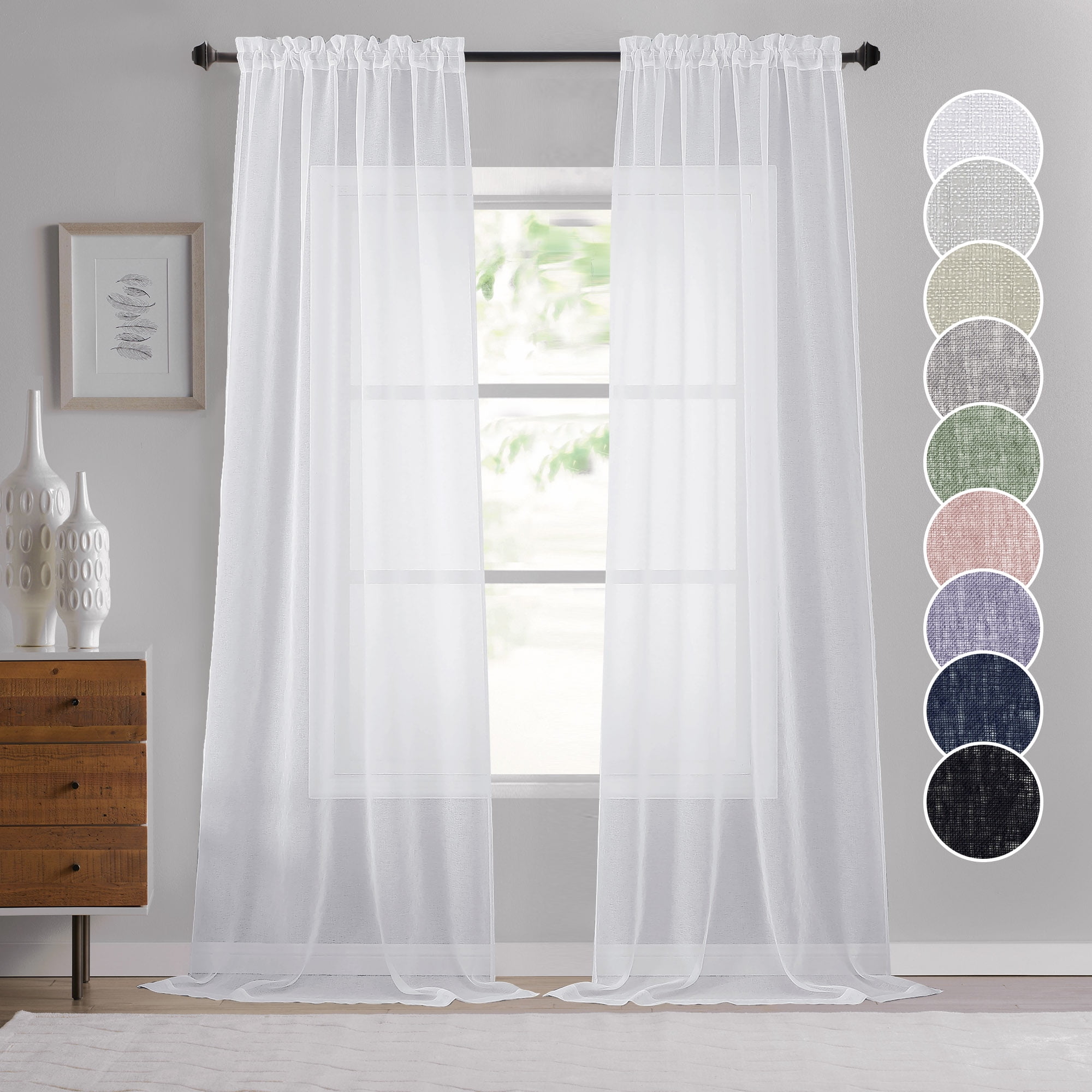 "OVZME Dolly White Faux Linen Sheer Curtains 96"" Long, 2 Panels for ...