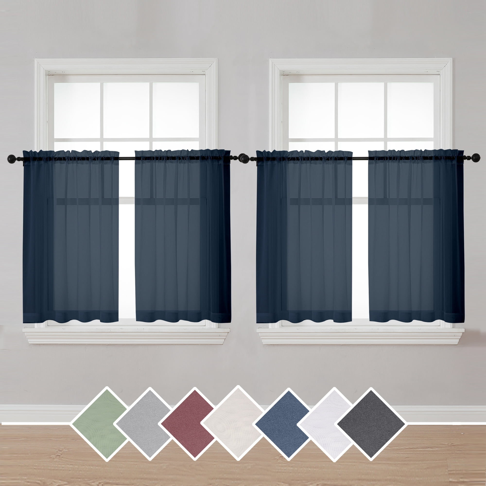 OVZME Farmhouse Navy Blue Solid Print Rod Pocket Sheer Kitchen Curtains, 40" x 36" (4 Panels ...