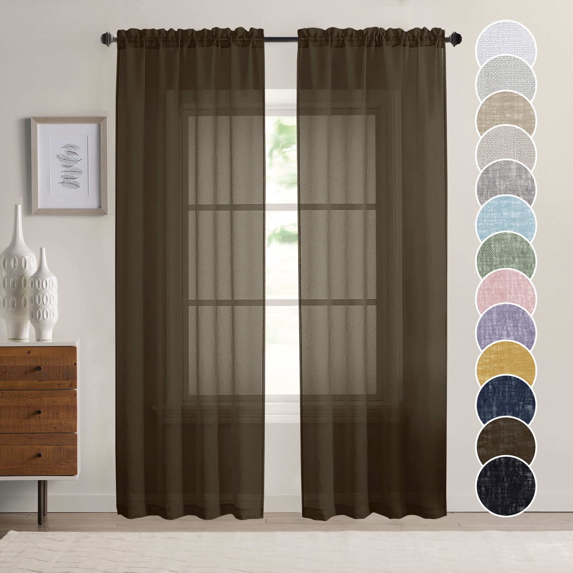 OVZME Faux Linen Curtains 84 Inch Length 2 Panels Chocolate Semi Sheer ...