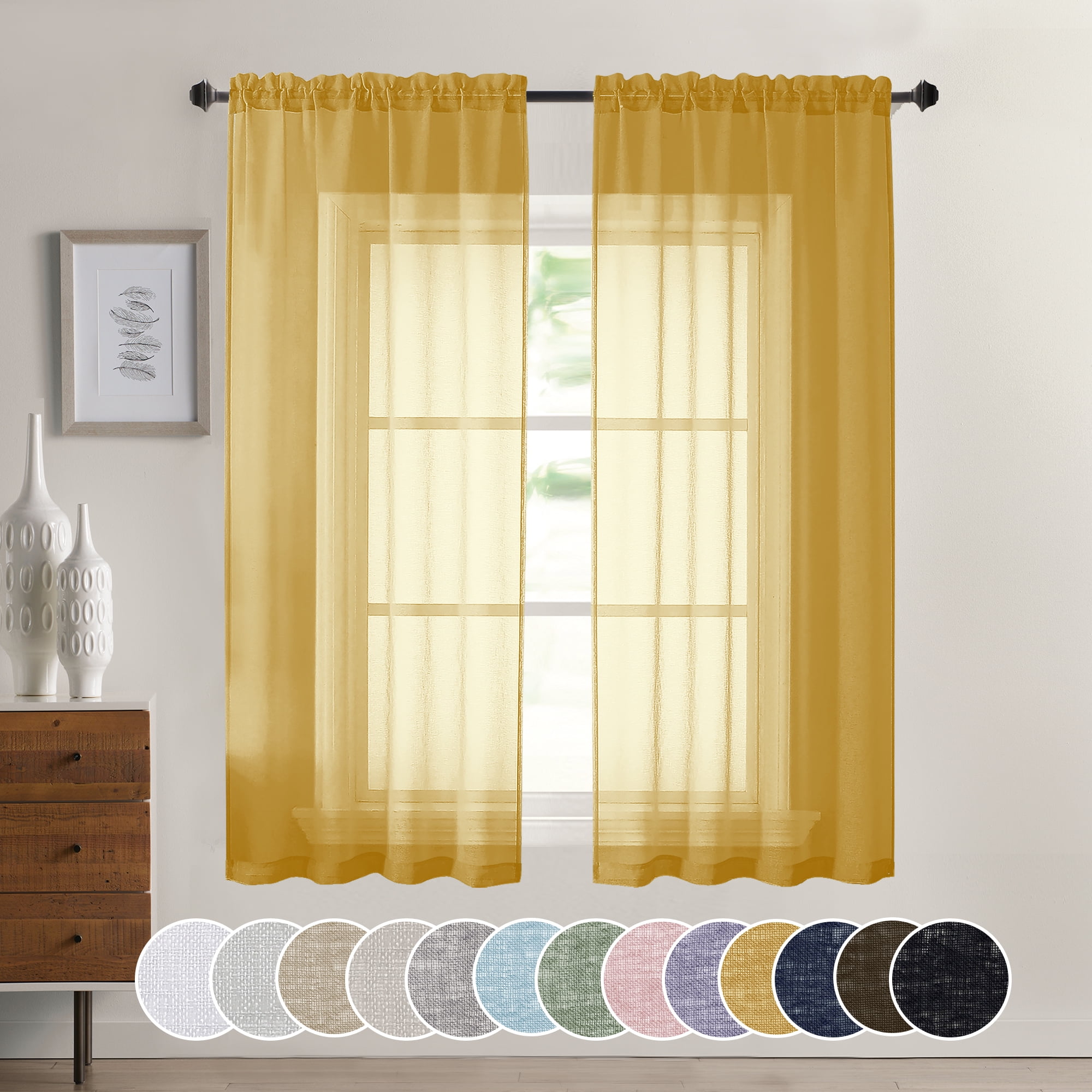 OVZME Faux Linen Gold Sheer Curtains 63 Inches Length 2 Panels Rod ...