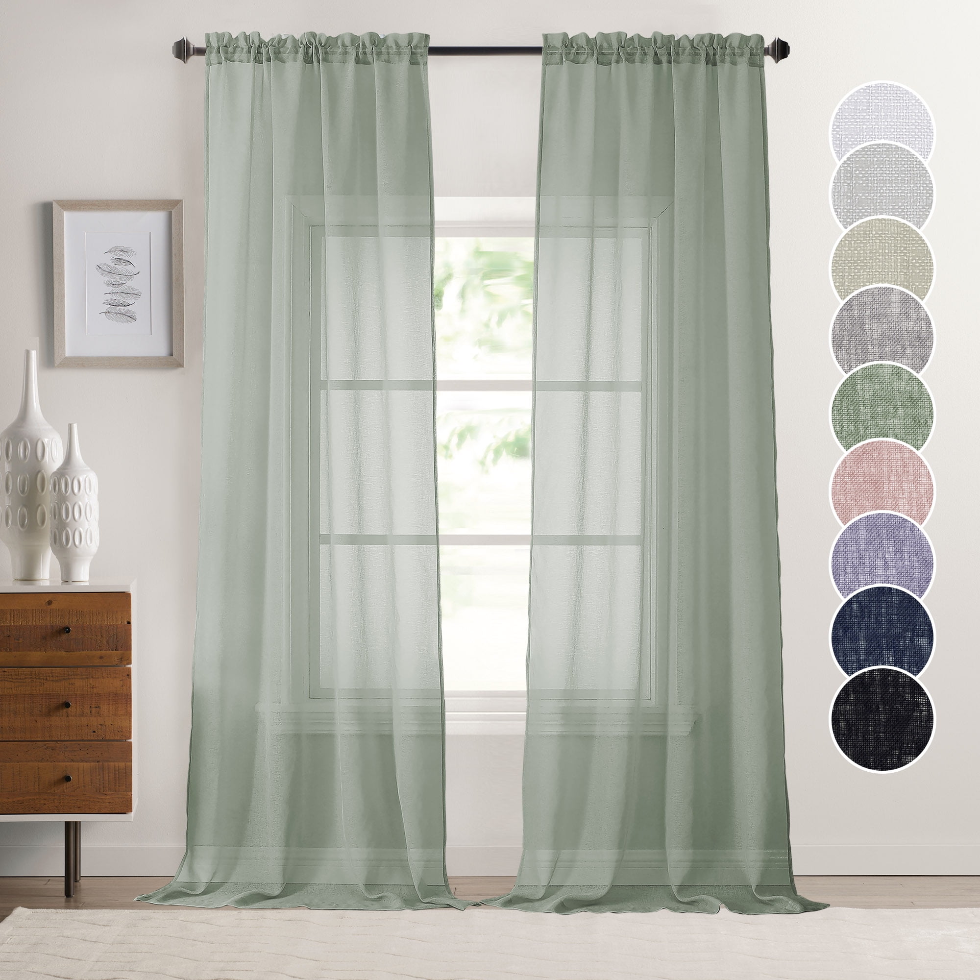 OVZME French Country Sage Green Rod Pocket Light Filtering Kitchen Curtains, 40" x 96" (2 Panels ...