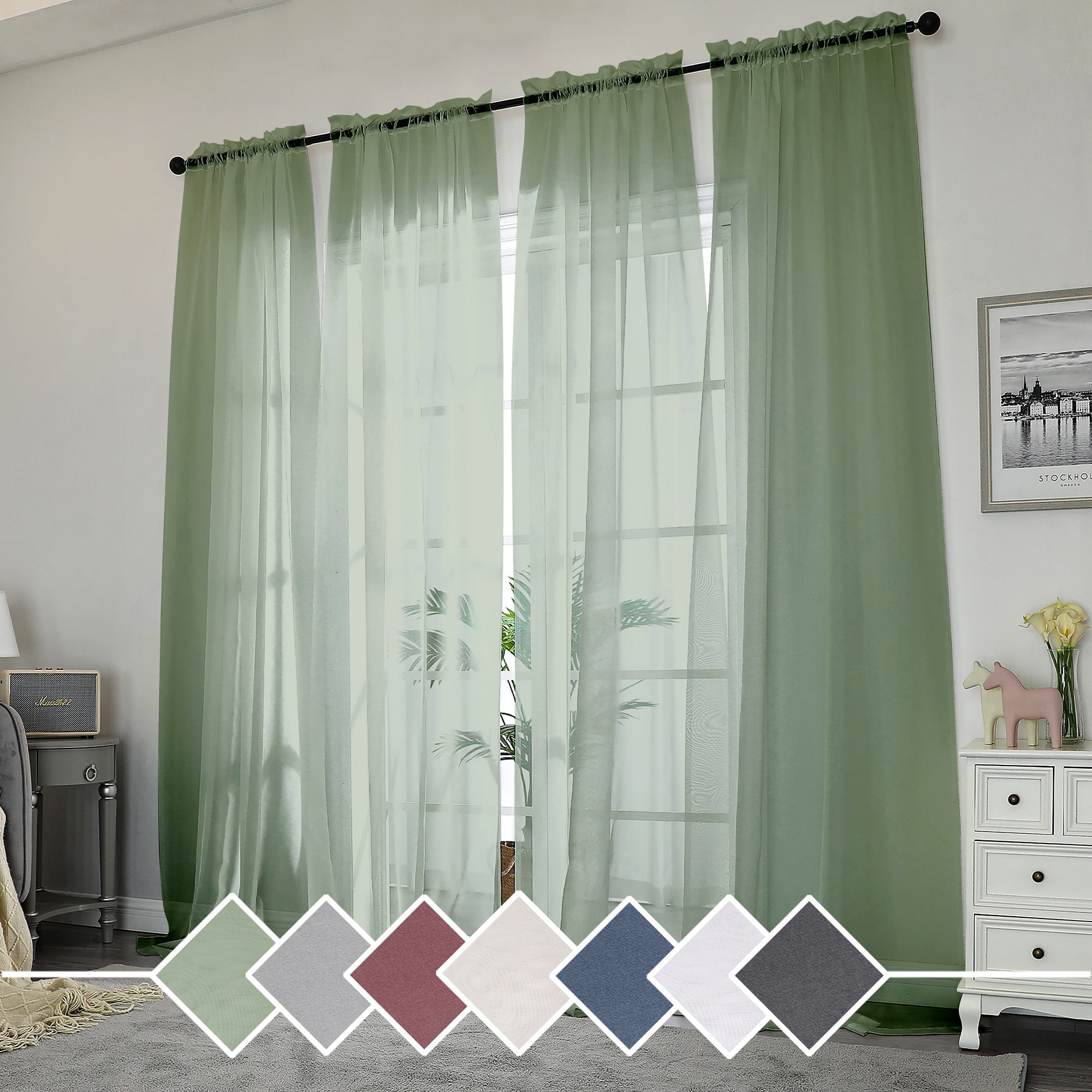 OVZME French Country Sage Green Solid Print Rod Pocket Sheer Curtains, 40" x 96" (4 Panels ...