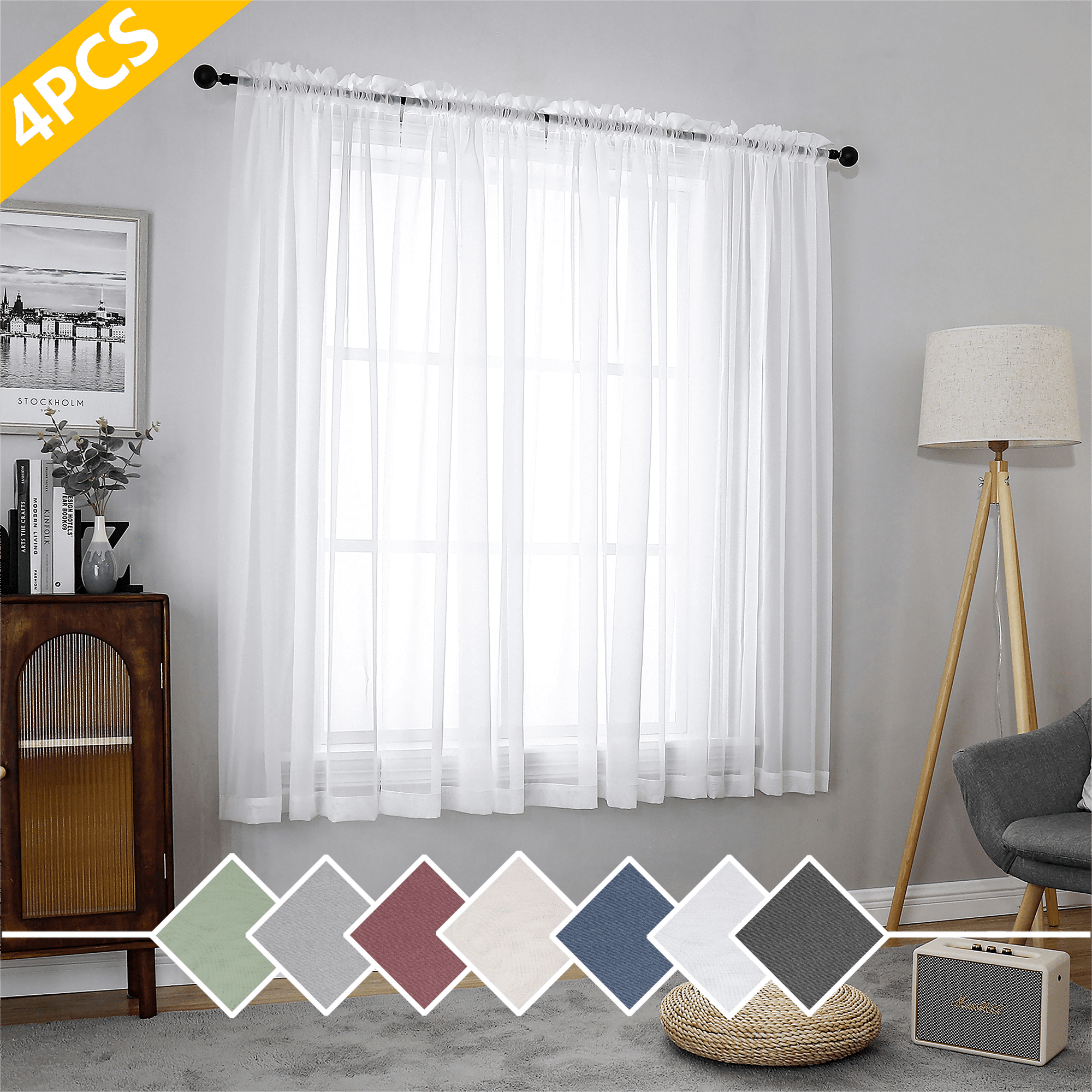 OVZME French Country White Solid Print Rod Pocket Sheer Curtains, 40" x 63" (4 Panels) - Walmart.com