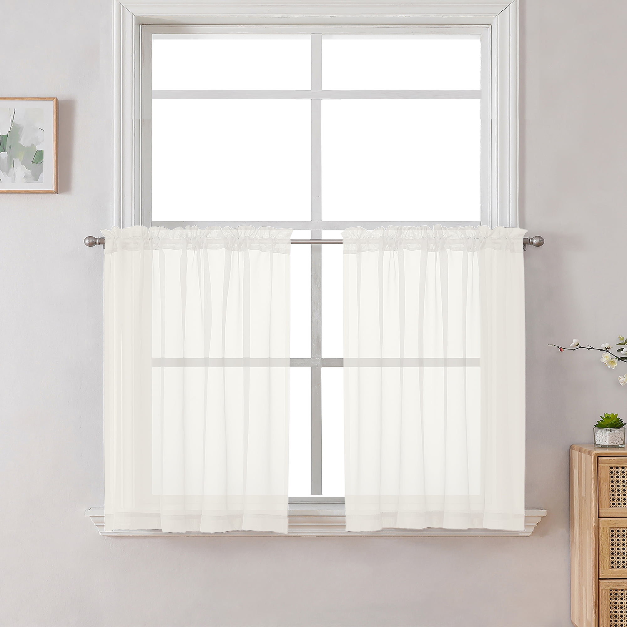 OVZME Ivory Window Sheer Curtain Tiers， 36 Inch Length 2PCS Dual Rod ...