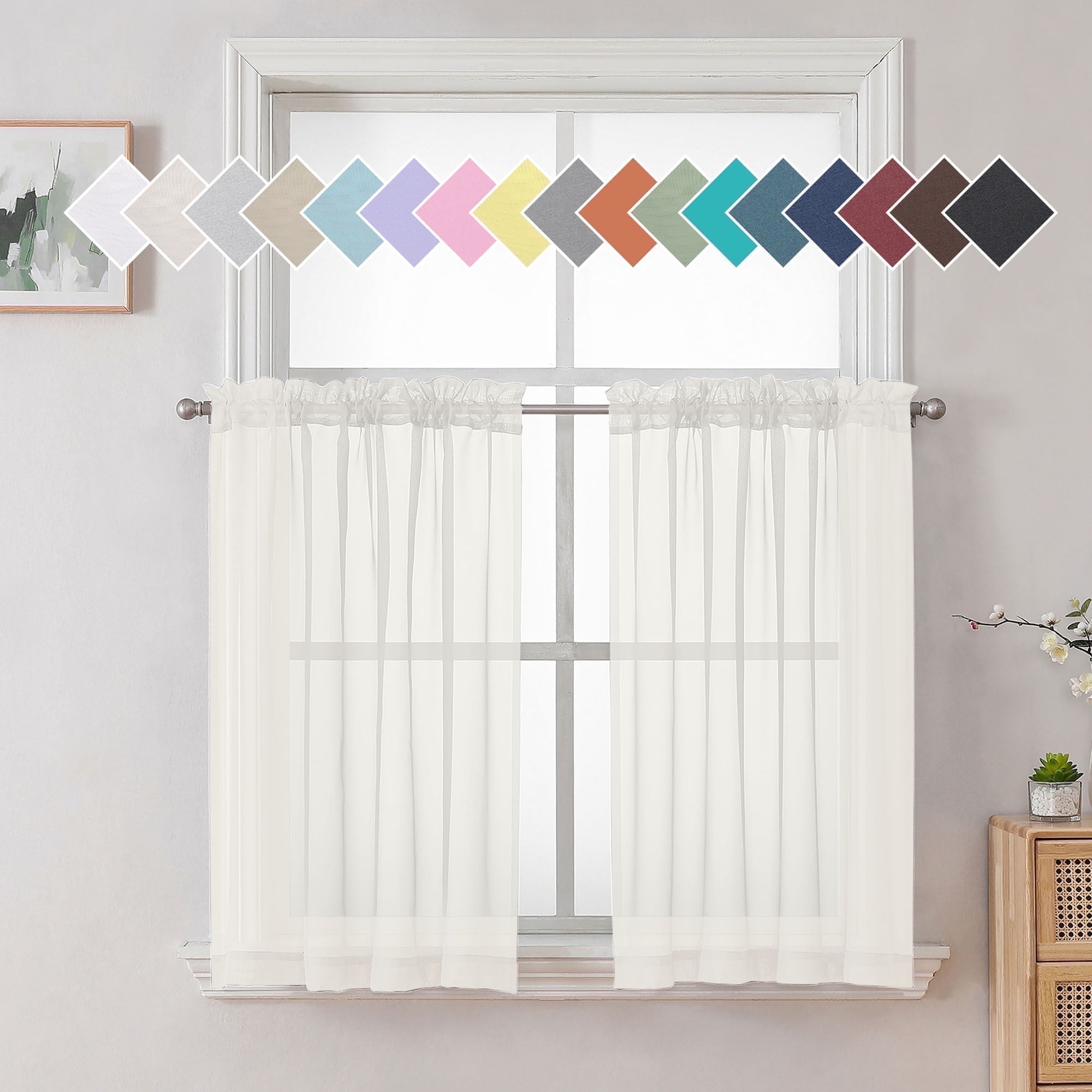 OVZME Ivory Window Sheer Curtain Tiers 36 Inch Length 2PCS, Dual Rod ...