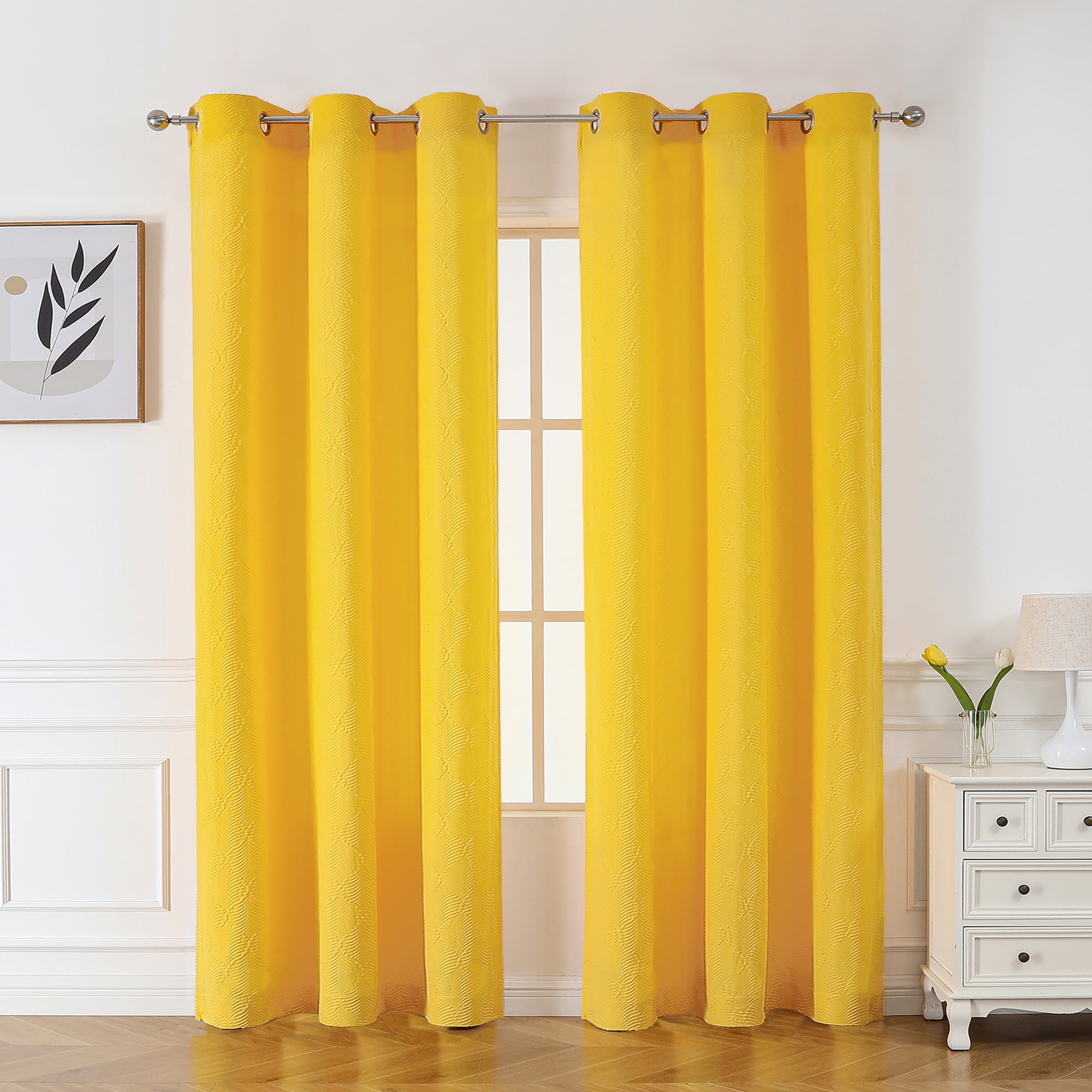 OVZME Ivy Embossed Curtains, 84" Length, 2 Panels, Bright Yellow, 38 ...
