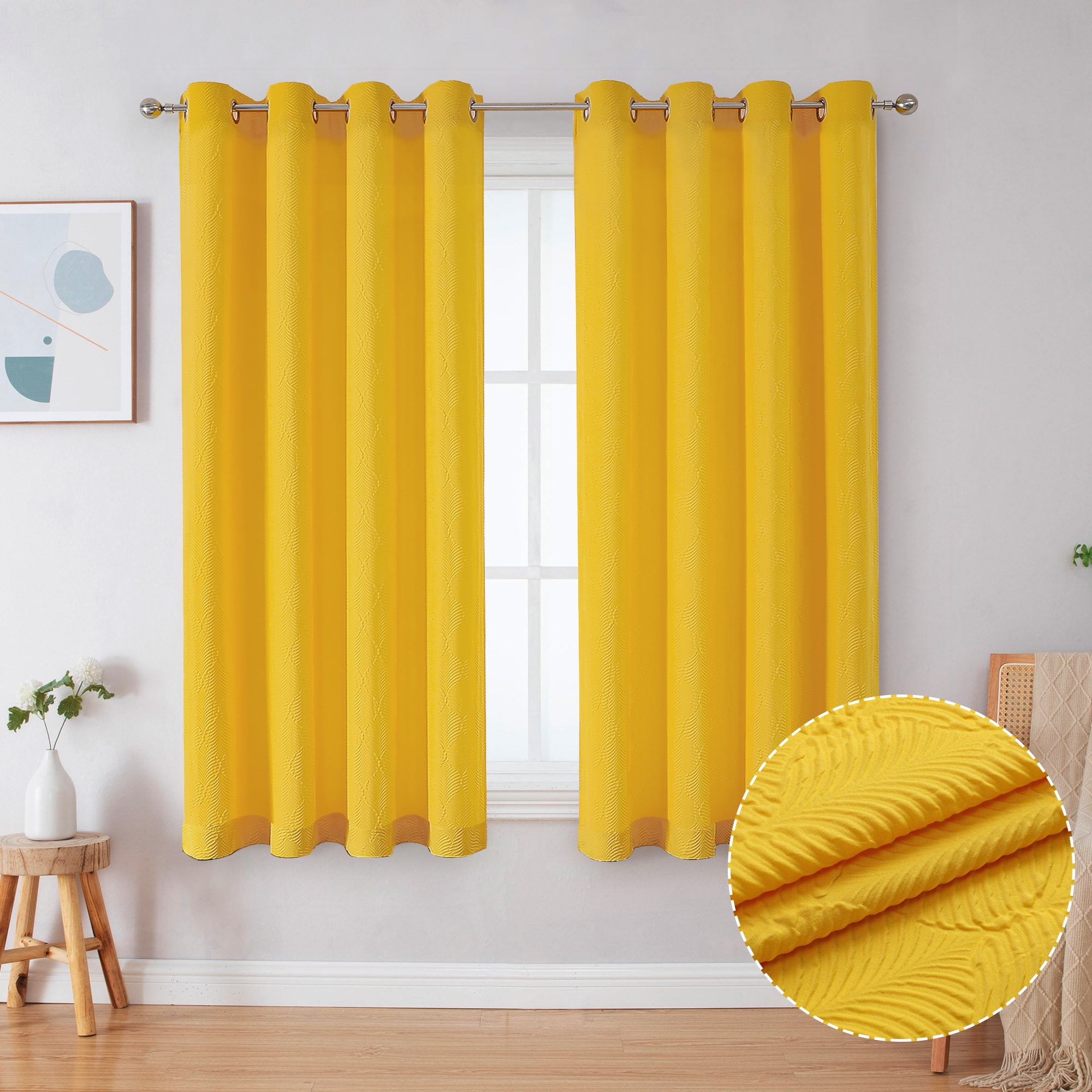 OVZME Ivy Yellow 3D Embossed Textured Curtains 63 Inch Length 2 Panels ...