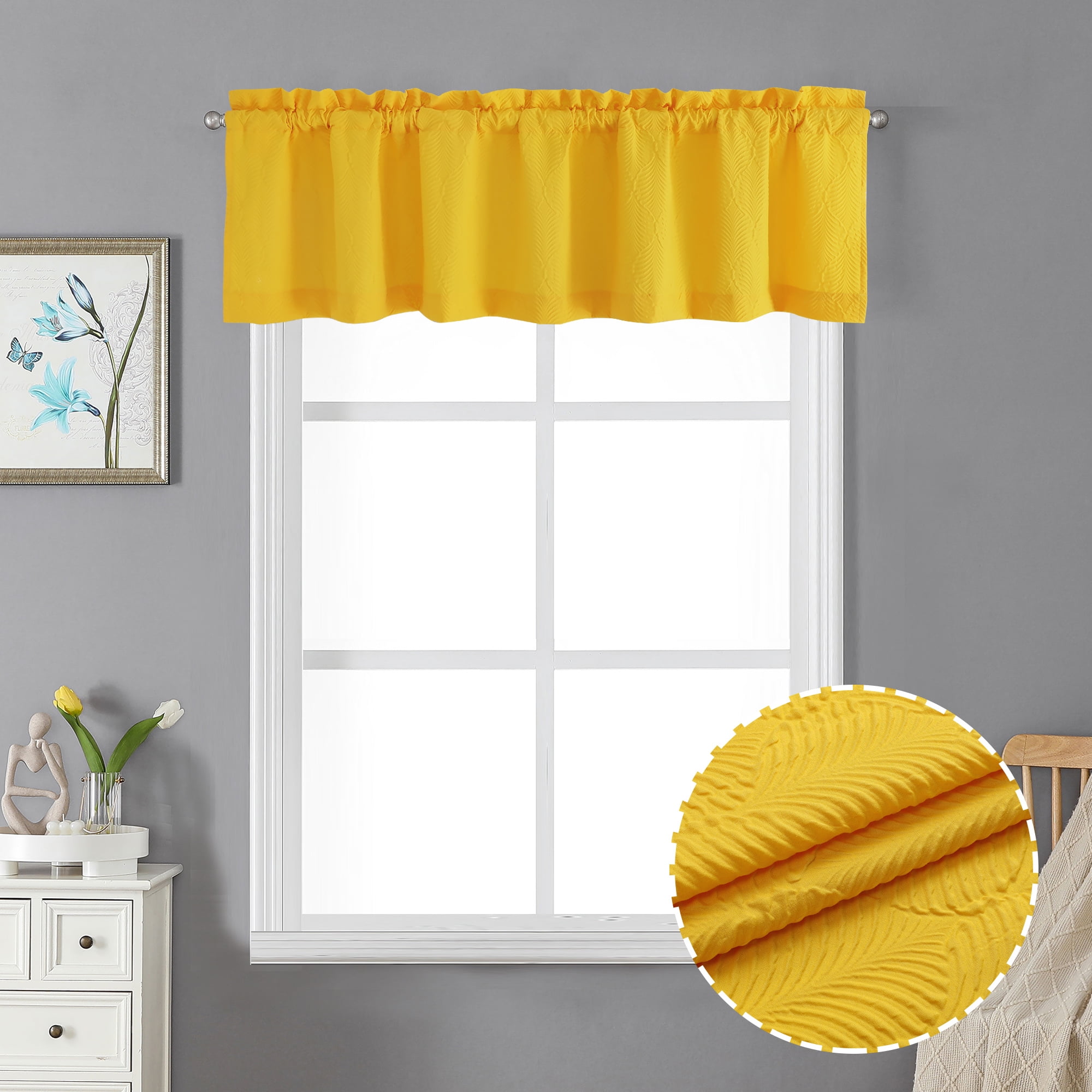 OVZME Ivy Yellow 3D Embossed Valances, Boho Curtains for Kitchen ...