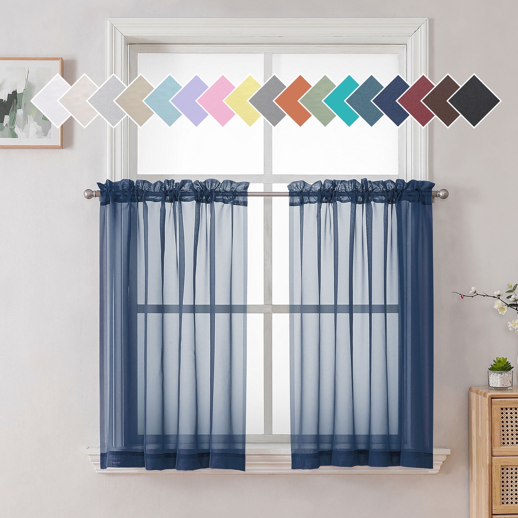 OVZME Kitchen Sheer Window Curtains 2 Panels Set, Top Dual Rod Pocket ...