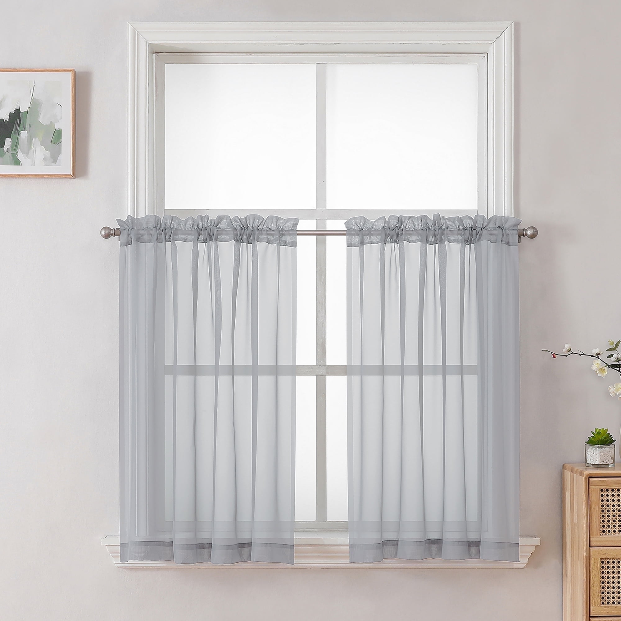 OVZME Kitchen Sheer Window Curtains Set of 2,Short Dining Solid Tiers ...