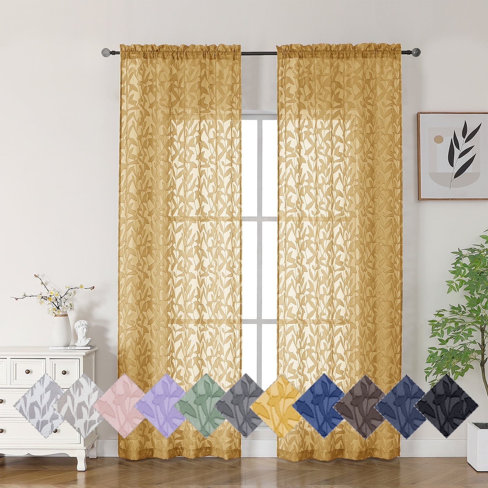 "OVZME Gold Sheer Curtains 84 Inches Long, Leaf Jacquard Botanical ...