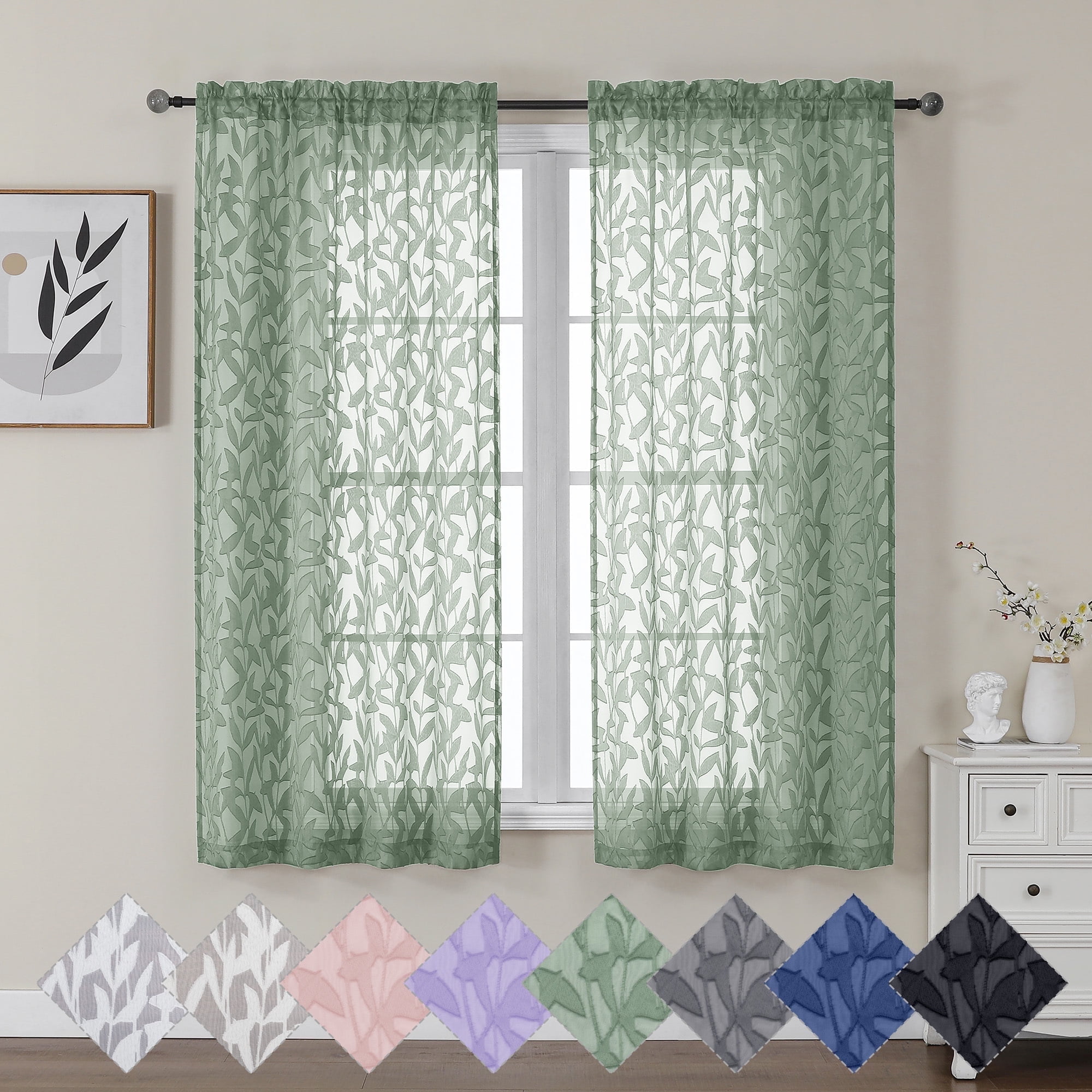 OVZME Leila Sage Green 63 Inch Long 2 Panels Sheer Curtains for Living Room, Jacquard Clip Leaf ...