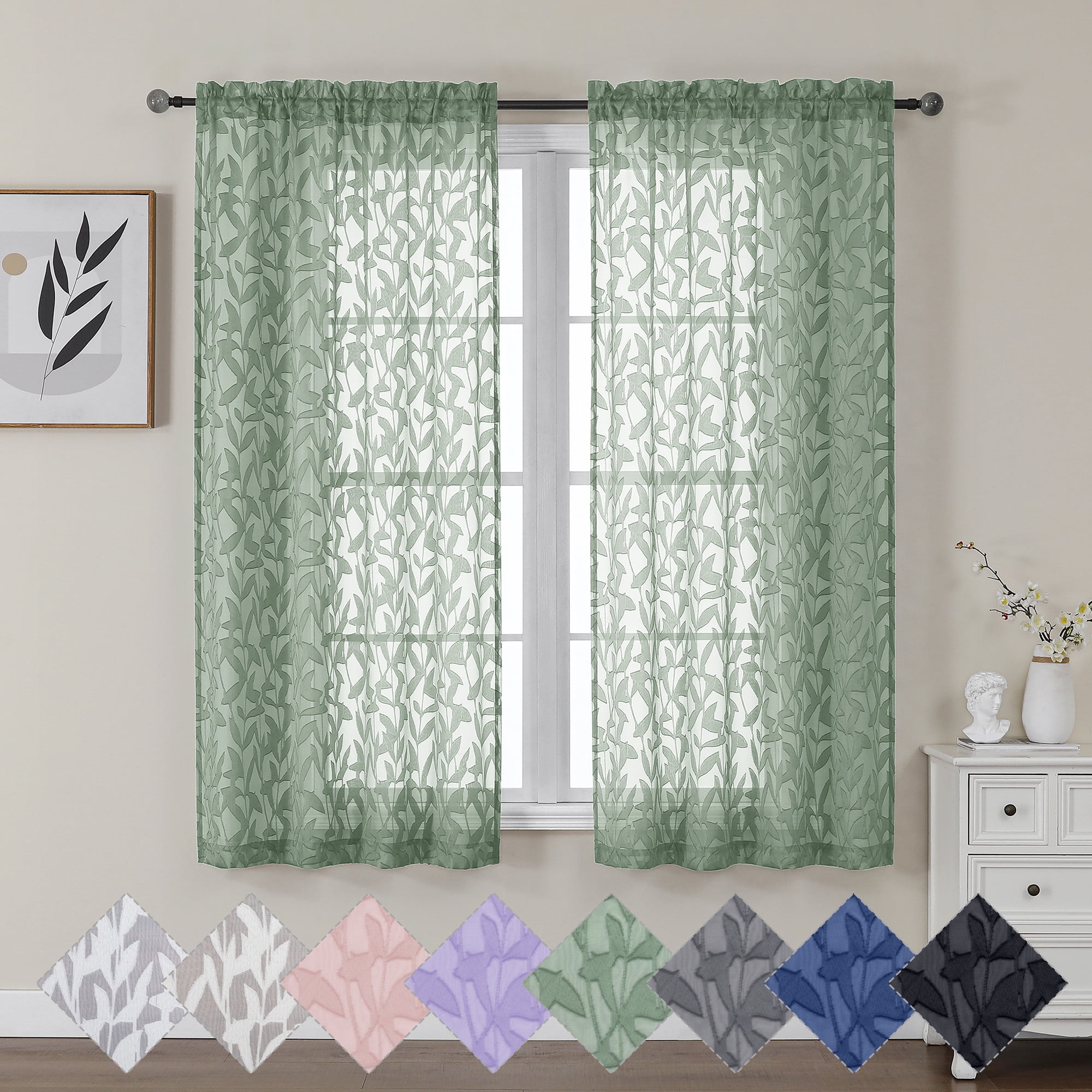 OVZME Leila Sage Green 63 Inch Sheer Curtains for Living Room, Jacquard Clip Leaf Pattern ...