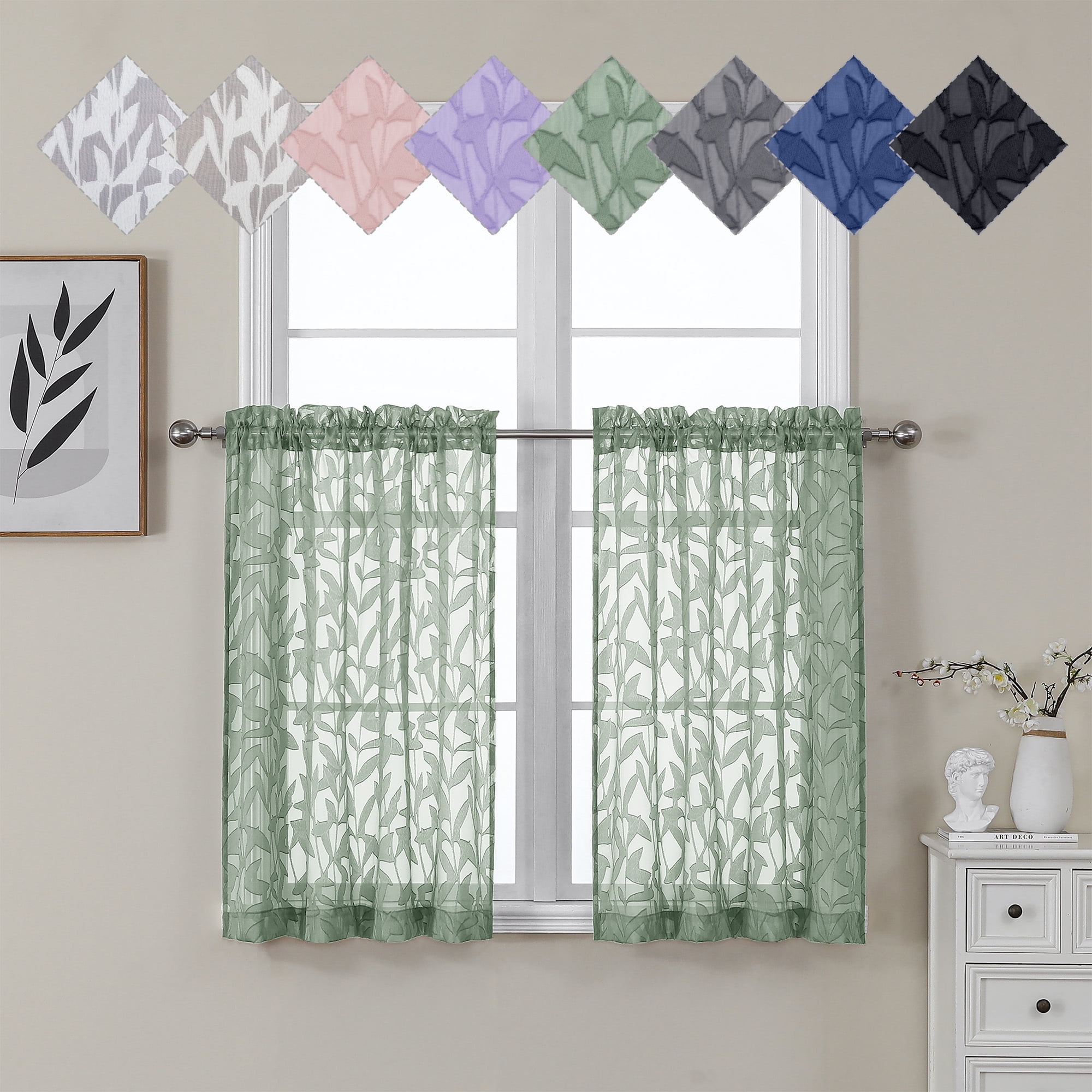OVZME Leila Sage Green Kitchen Window Curtains, Short Tier Sheer ...