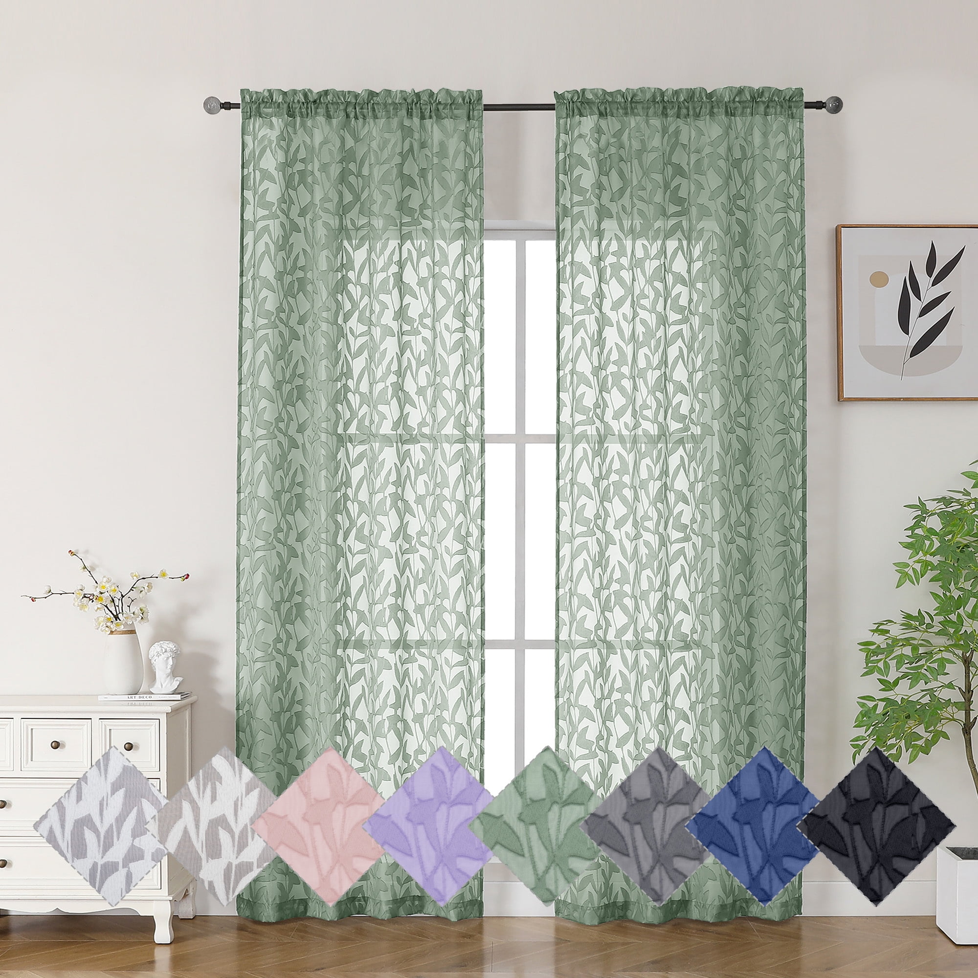 OVZME Leila Sage Green Sheer Curtains 84 Inches Long 2 Panels, Soft ...