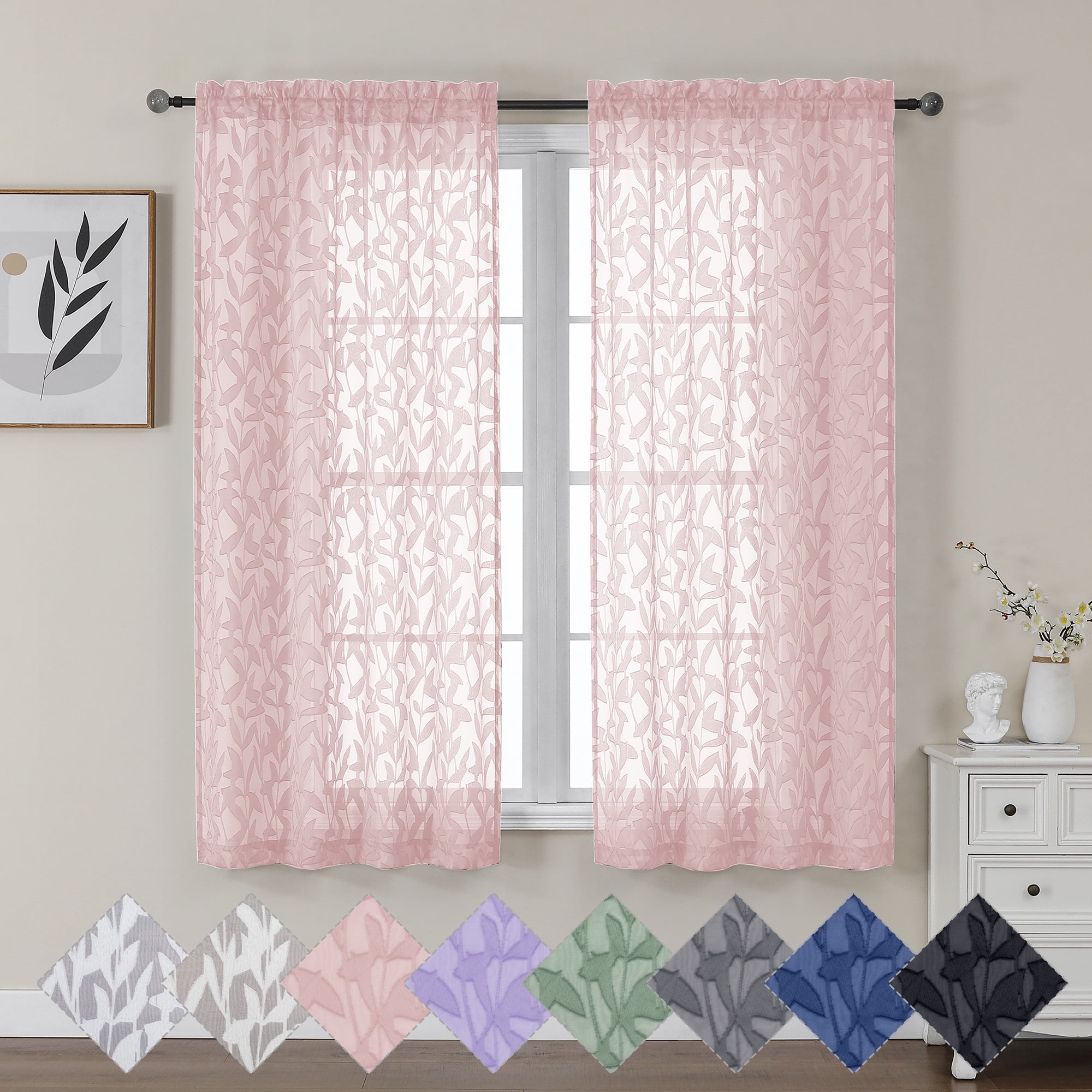 OVZME Leila Sheer Curtains 63 Inch Length 2 Panels, Leaf Jacquard Textured Rod Pocket Solid ...